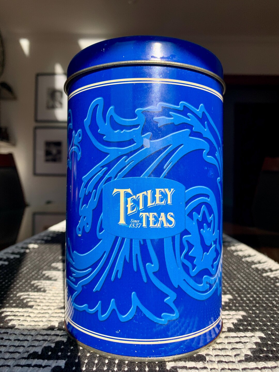 Vintage 7 1/4”x 4 1/2” Cobalt Blue TETLEY TEA Round Tin Canister; 1980s ...