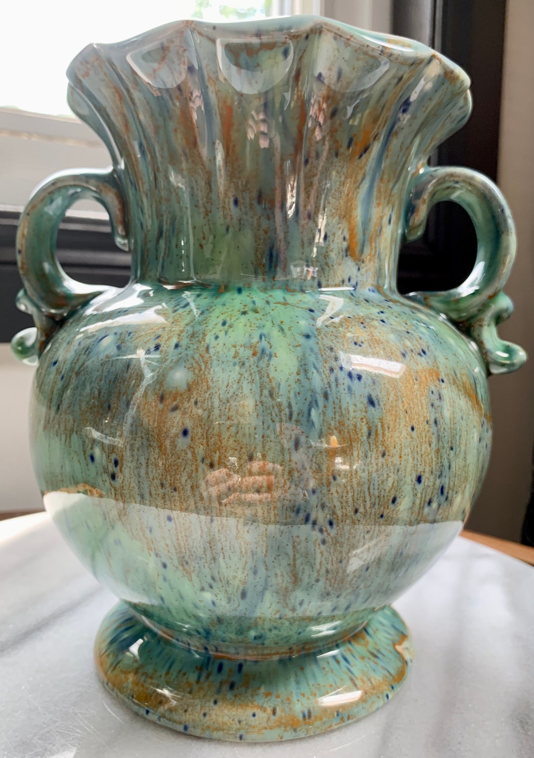 Handmade 7” Thrown Multi-coloured Speckled Ruffled Double-handled ...
