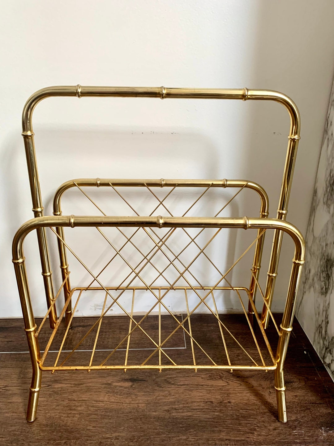 Mid-century Metal Magazine Rack; Chinoiserie Brass Plated Media Storage ...