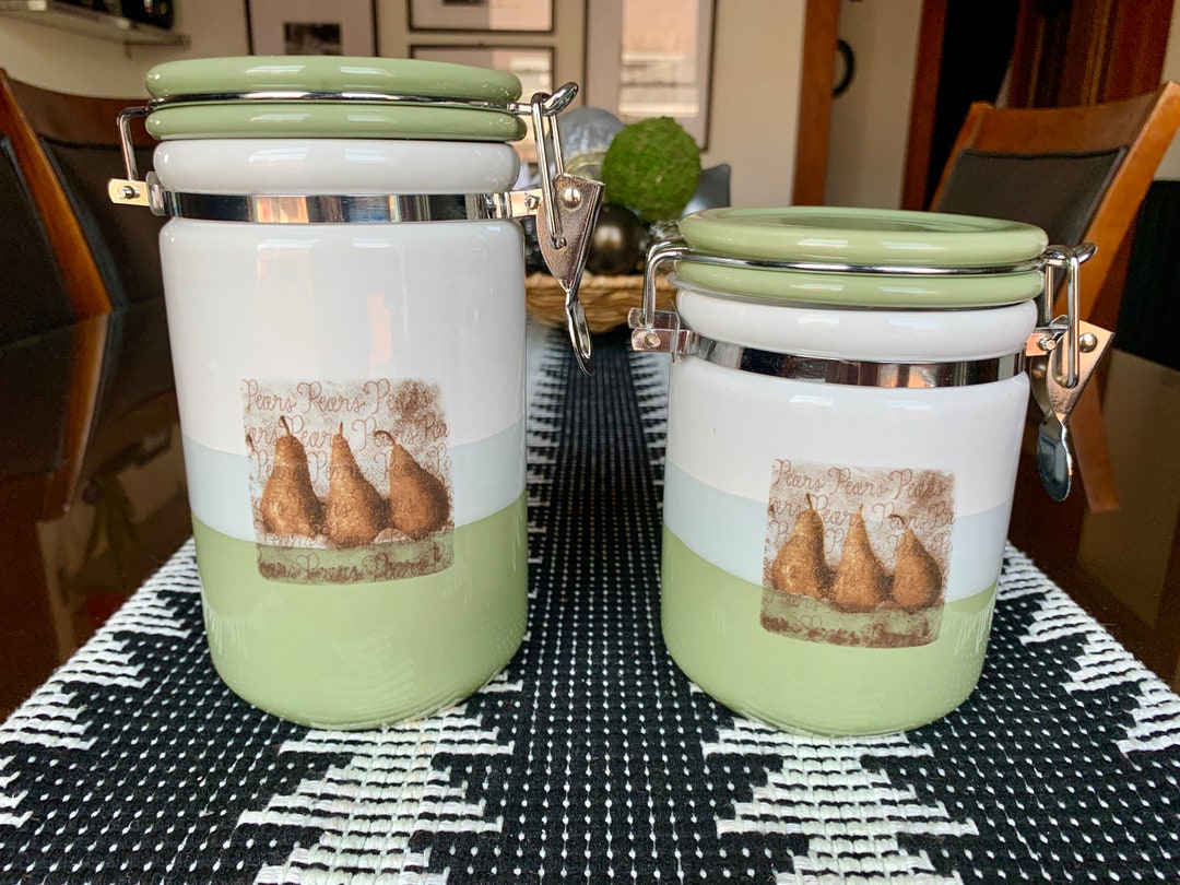 Unused Pair/2 of TANNEX Tri-toned Ceramic Pear/fruit Design Canisters 5 ...