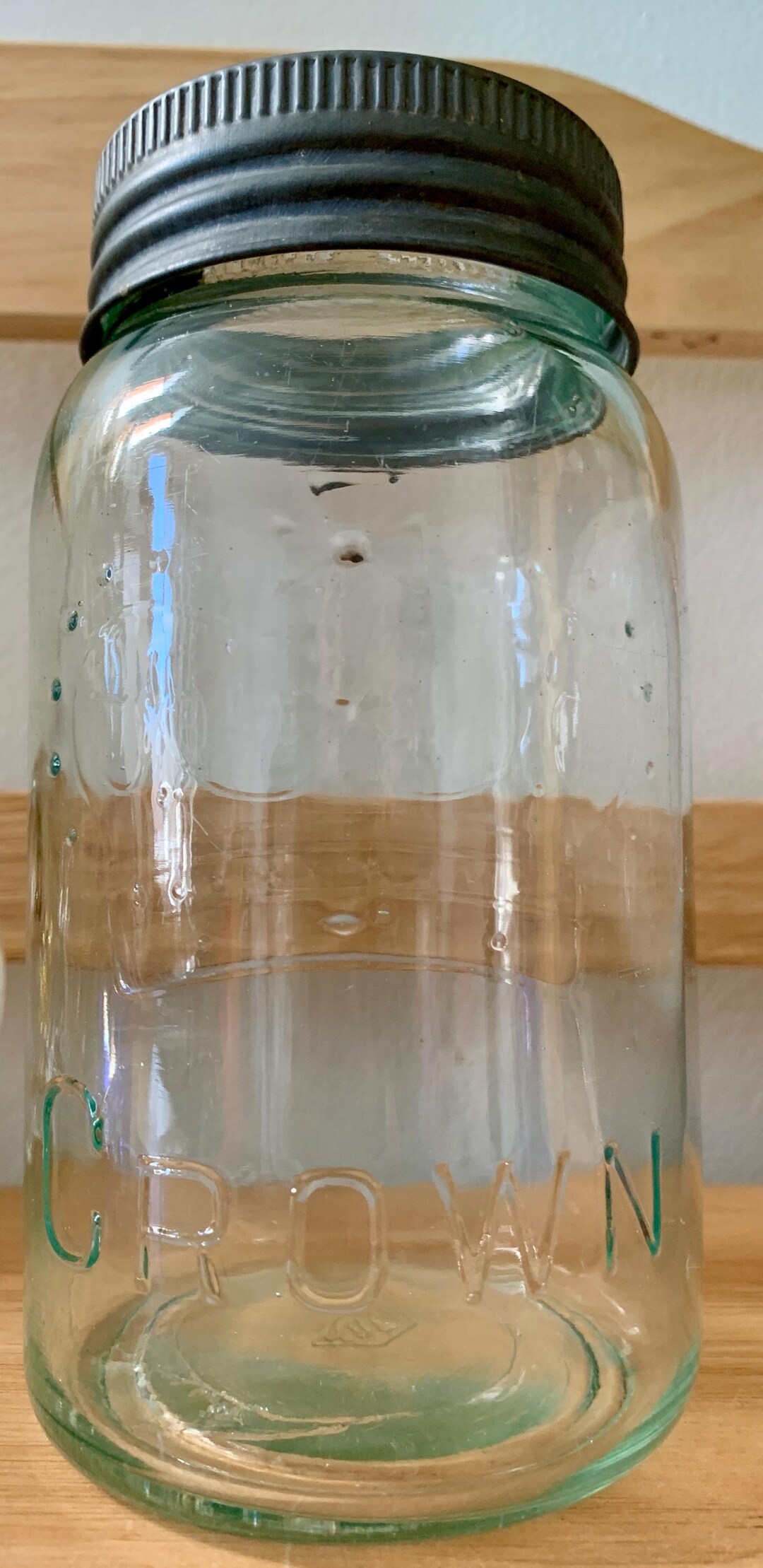 Antique 7 1/4”x 3 3/4” Green/aqua CROWN Qt Canning/mason Jar Embossed 7 ...