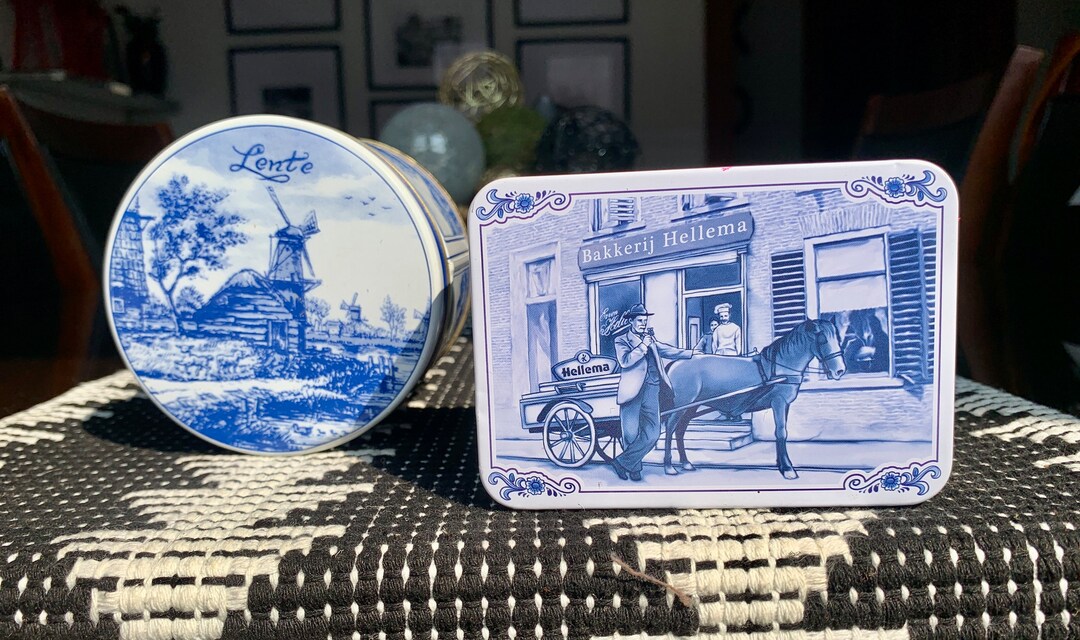 Vintage Dutch Blue & White Metal Tins Sold Separately: Round LENTE 3 1/ ...