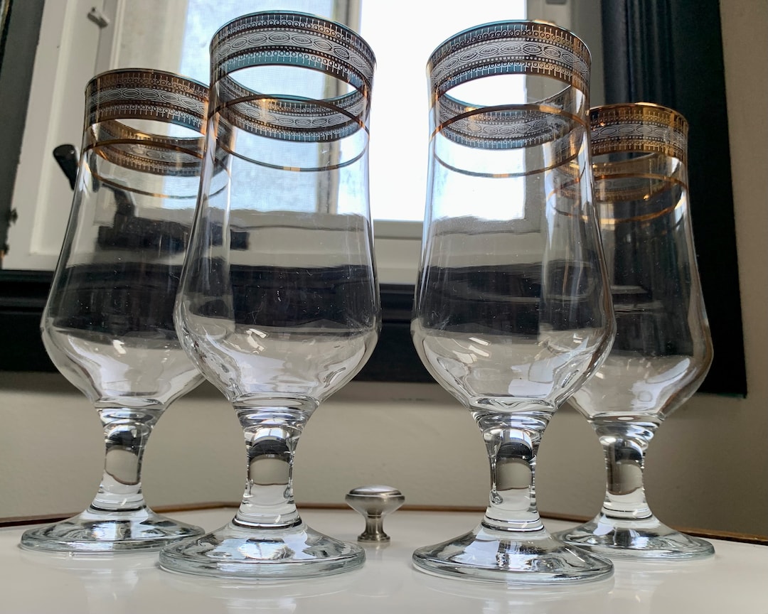 UNUSED Rare Set of Four 12 Floz Mid-century Blown Glass 24kt Gold ...