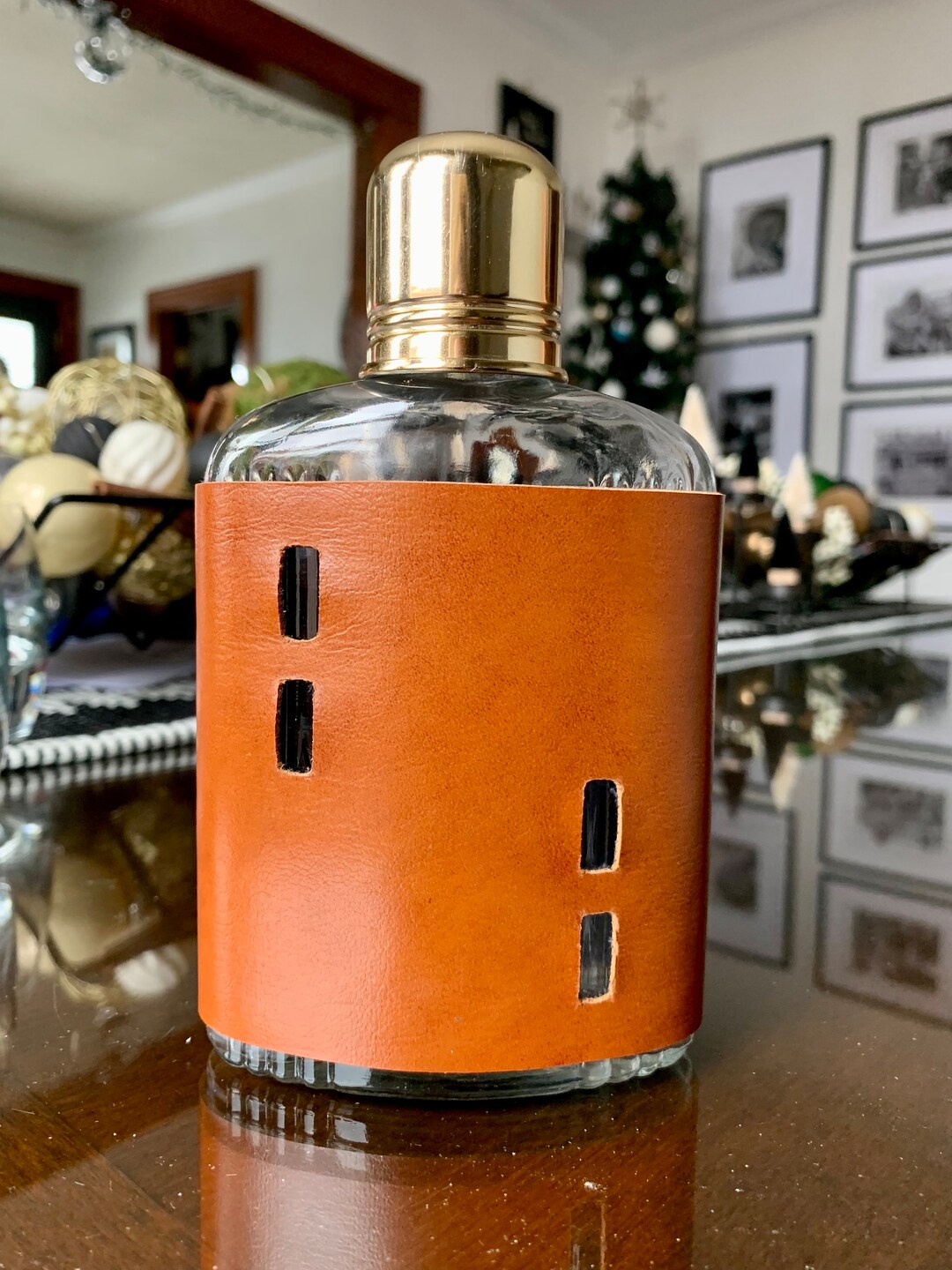 Vintage 6x 4 Tan Leather Cased Glass Hip Flask W/double Cap threaded ...