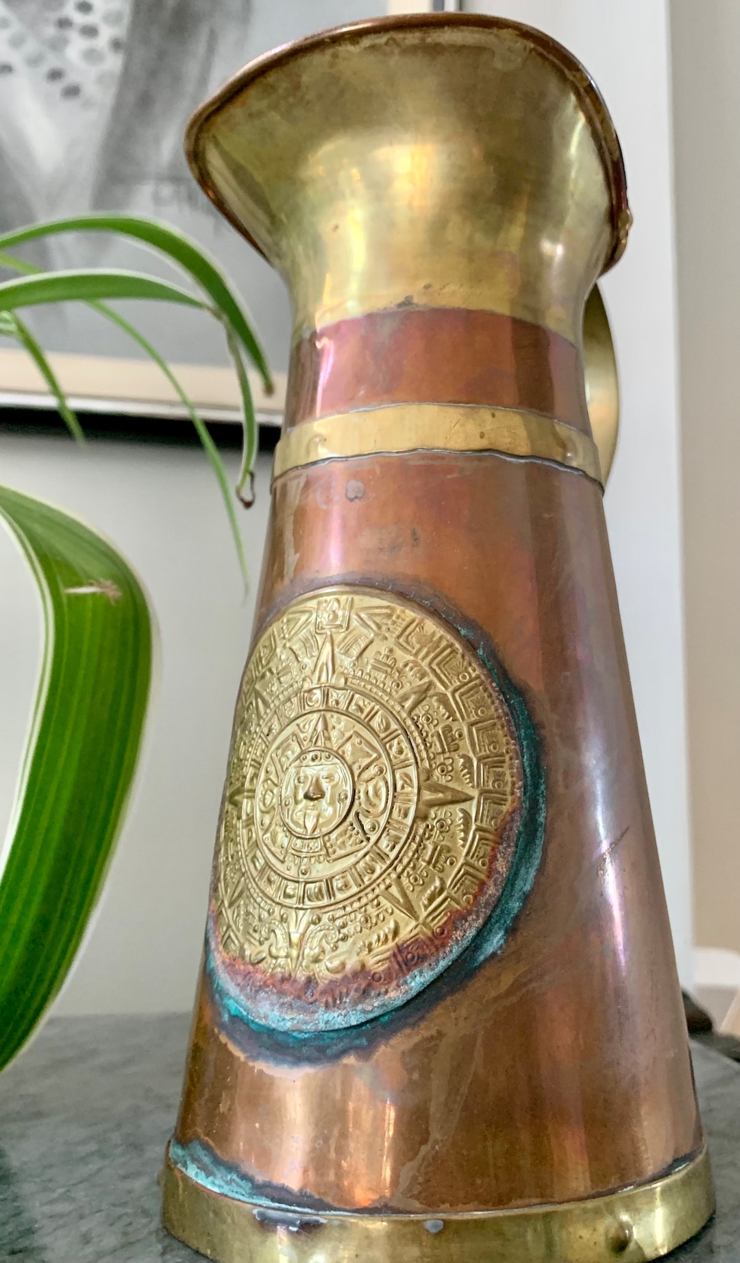 Vintage Brass & Copper Pitcher W/aztec Sun Stone/calendar Medallion ...