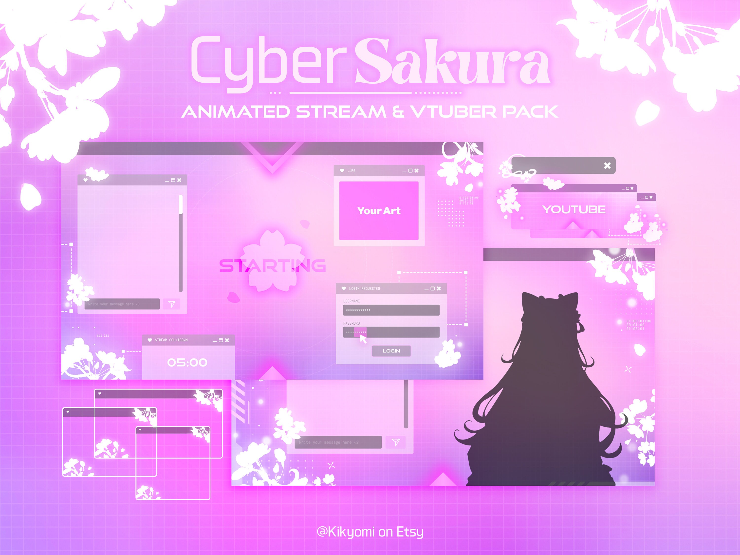 CYBER SAKURA Animated Vtuber and IRL Twitch Pack | Pink Lofi Flower ...