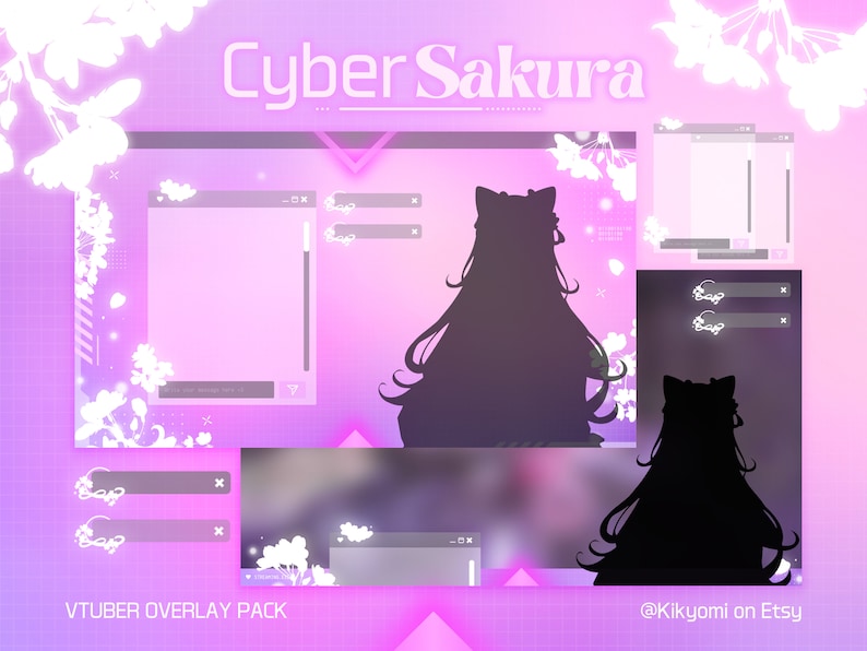 CYBER SAKURA Vtuber Overlay Pack Cute Lofi Pastel Vtube Basics Pack Just Chatting & Full Cam ...