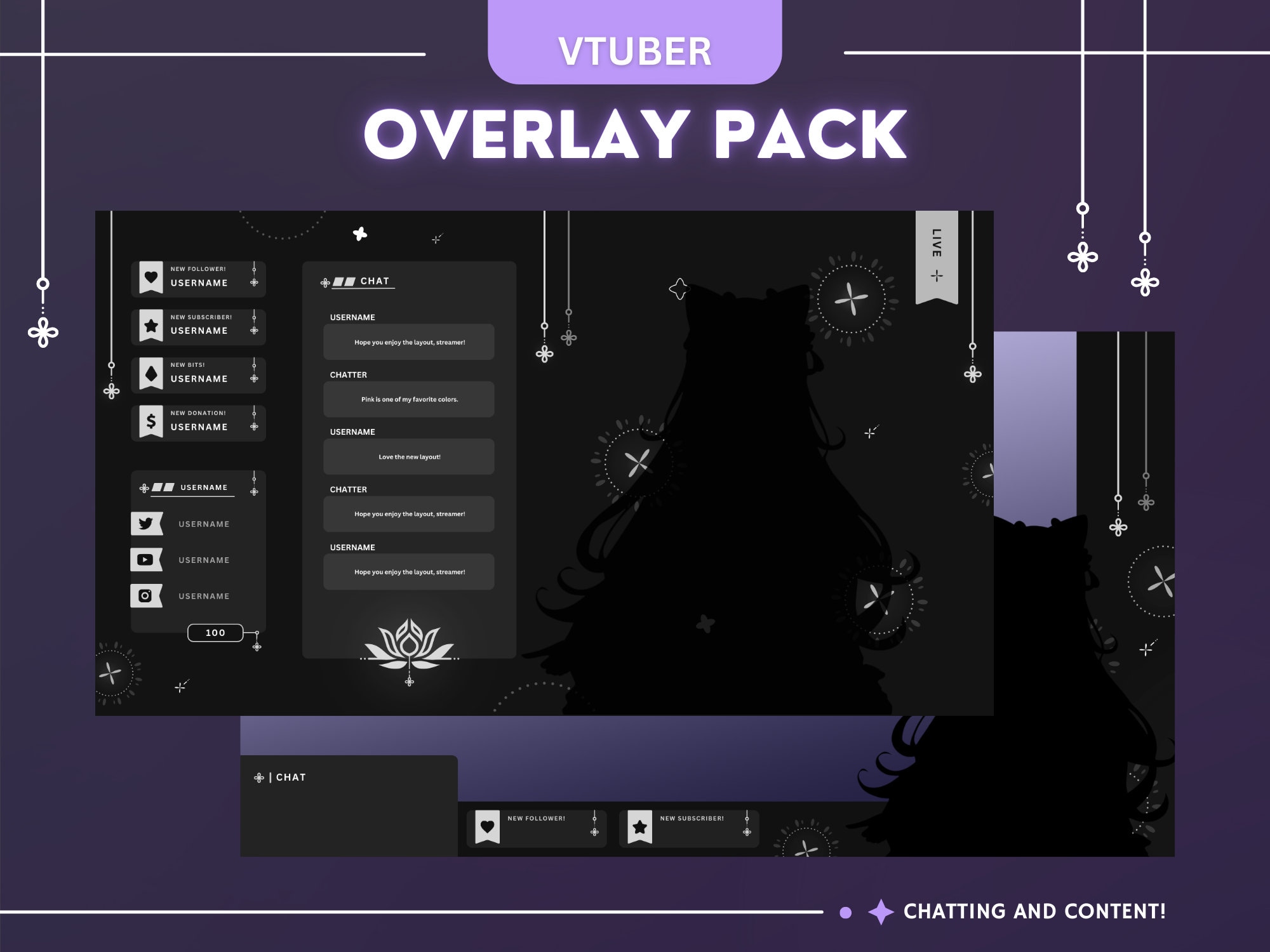 WHITE LOTUS Vtuber Overlay Pack Sakura Minimal Dark Theme Twitch ...