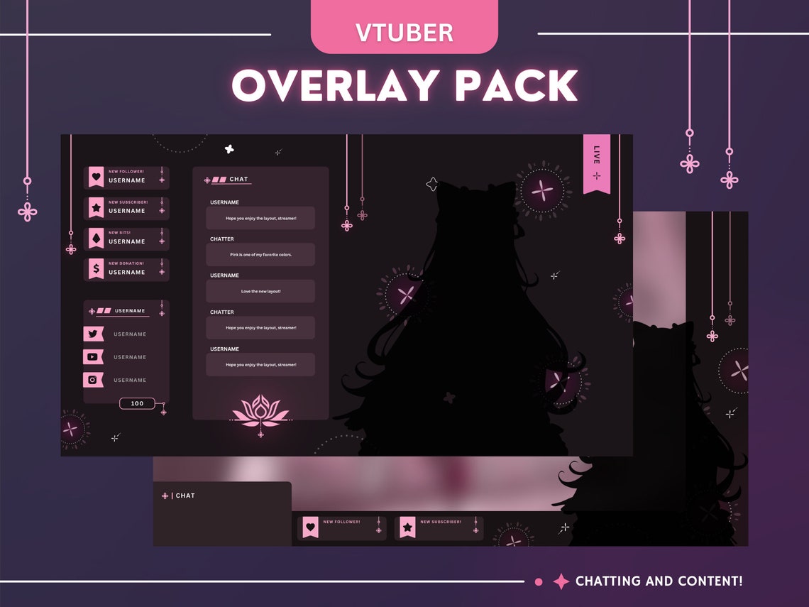 PINK LOTUS Vtuber Overlay Pack Sakura Minimal Dark Theme Twitch YouTube ...