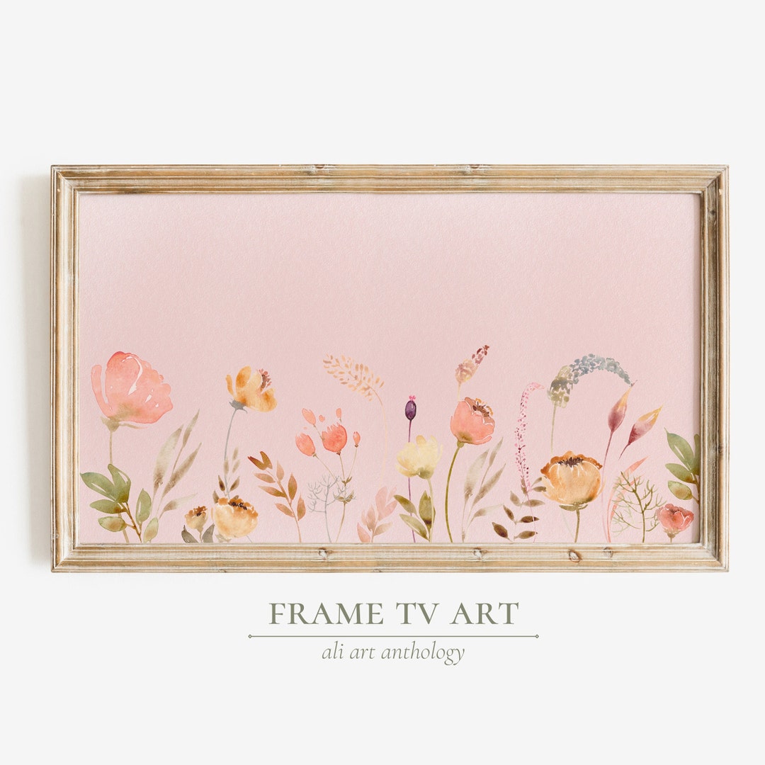 Frame TV Art, Whimsical Watercolor Spring Wildflowers Pink Background ...