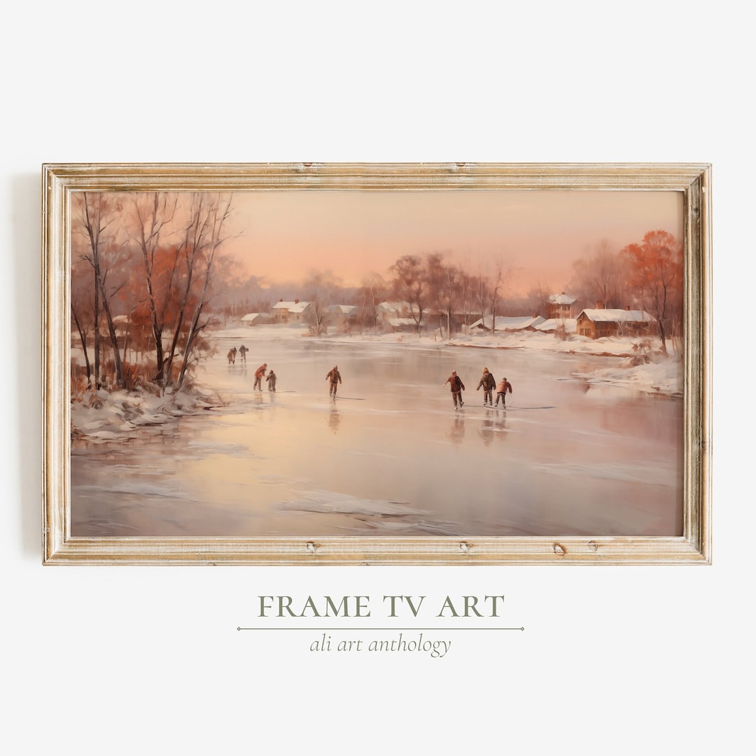 Frame TV Art Winter, Ice Skating on Lake at Sunset, Warm Neutral Art ...