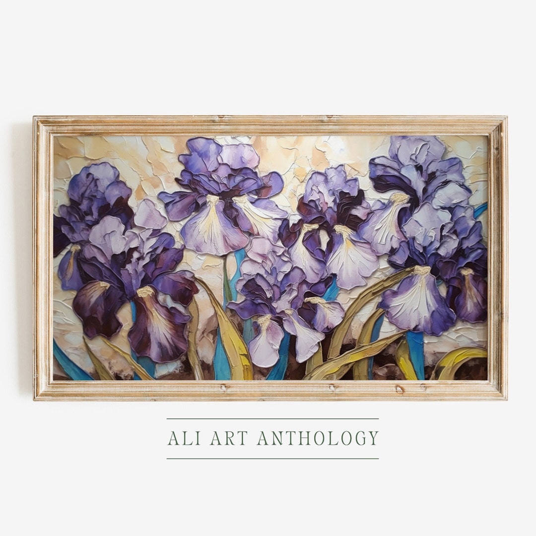 Modern Abstract Iris Art, Purple Floral Impasto Painting (digital ...