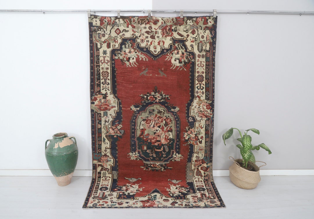 5x8 Vintage Turkish Rug: Red Anatolian Oushak Wool Rug - Etsy