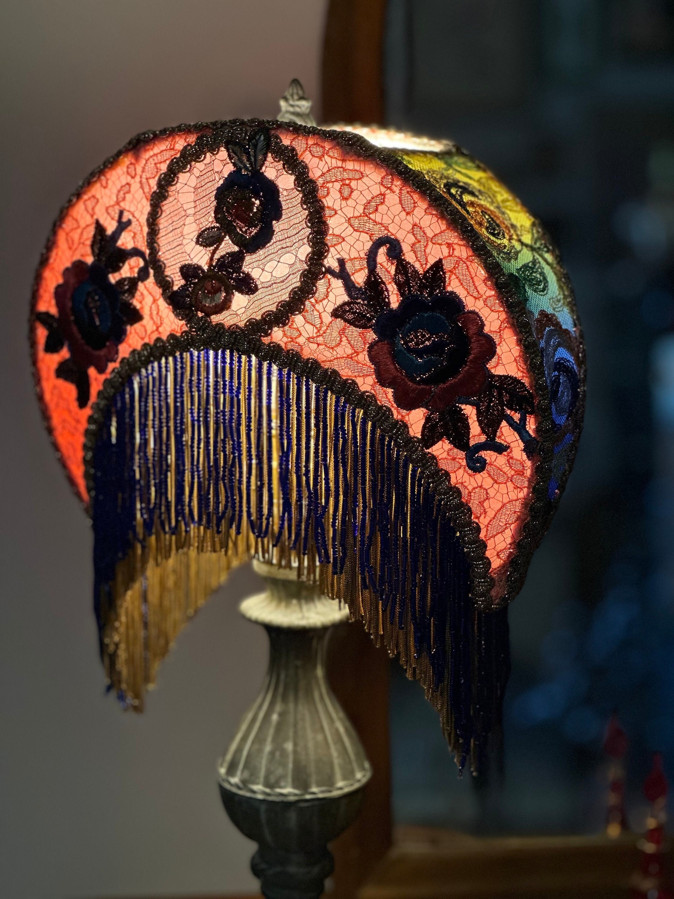 Handmade Crescent-shaped Lampshade Blue, Yellow, and Coral Silk ...