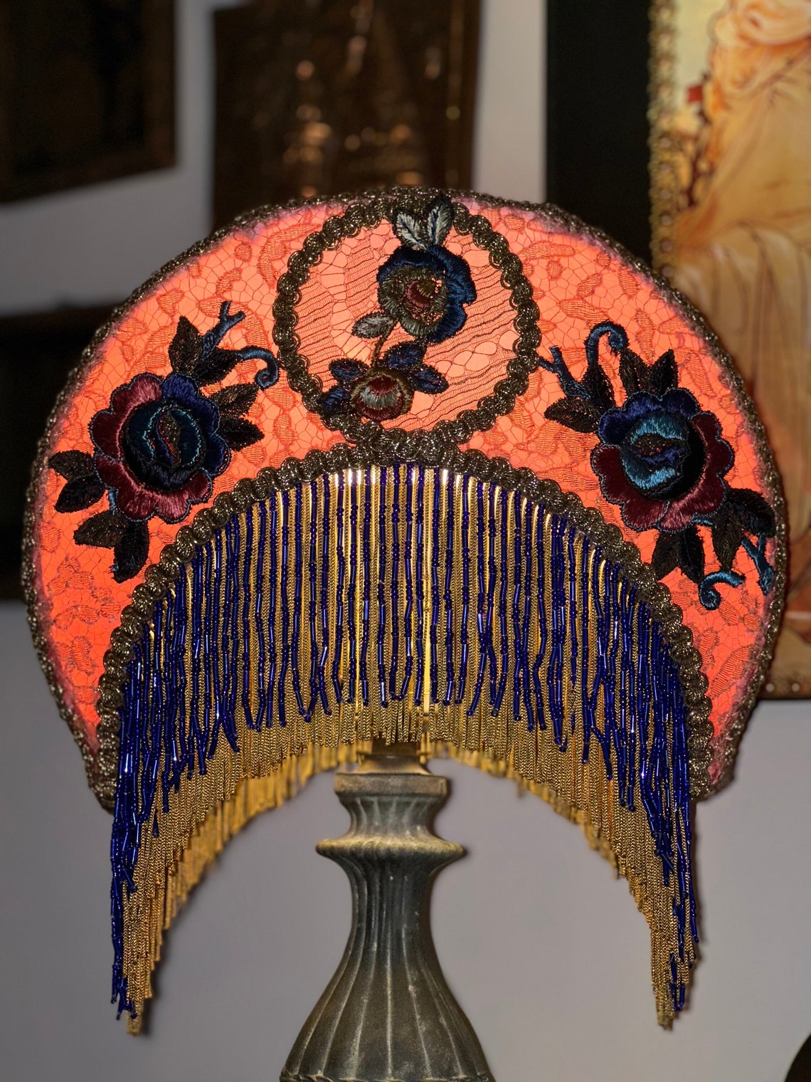 Handmade Crescent-shaped Lampshade Blue, Yellow, and Coral Silk ...