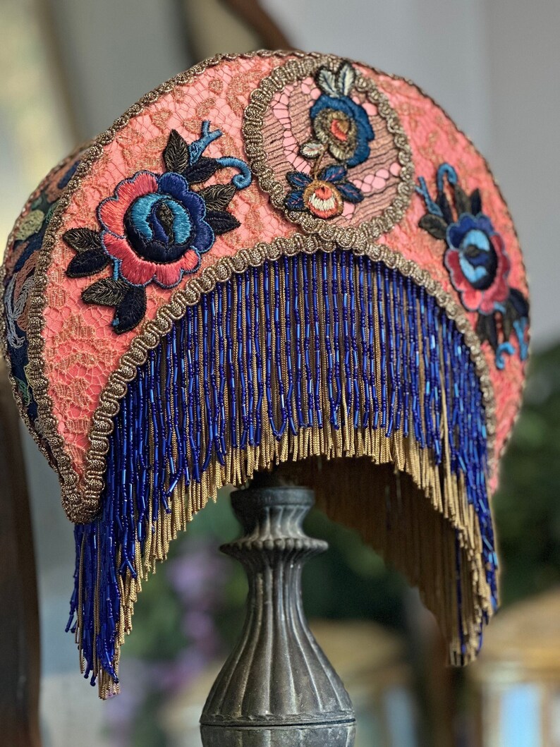 Handmade Crescent-shaped Lampshade Blue, Yellow, and Coral Silk ...