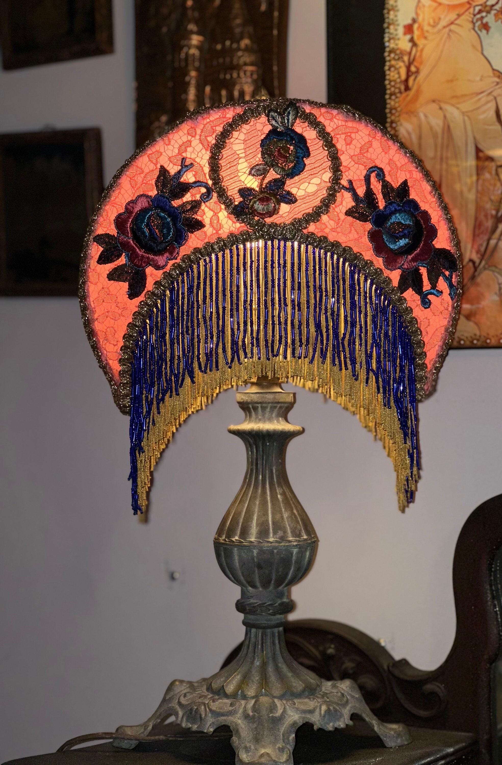 Handmade Crescent-shaped Lampshade Blue, Yellow, and Coral Silk ...