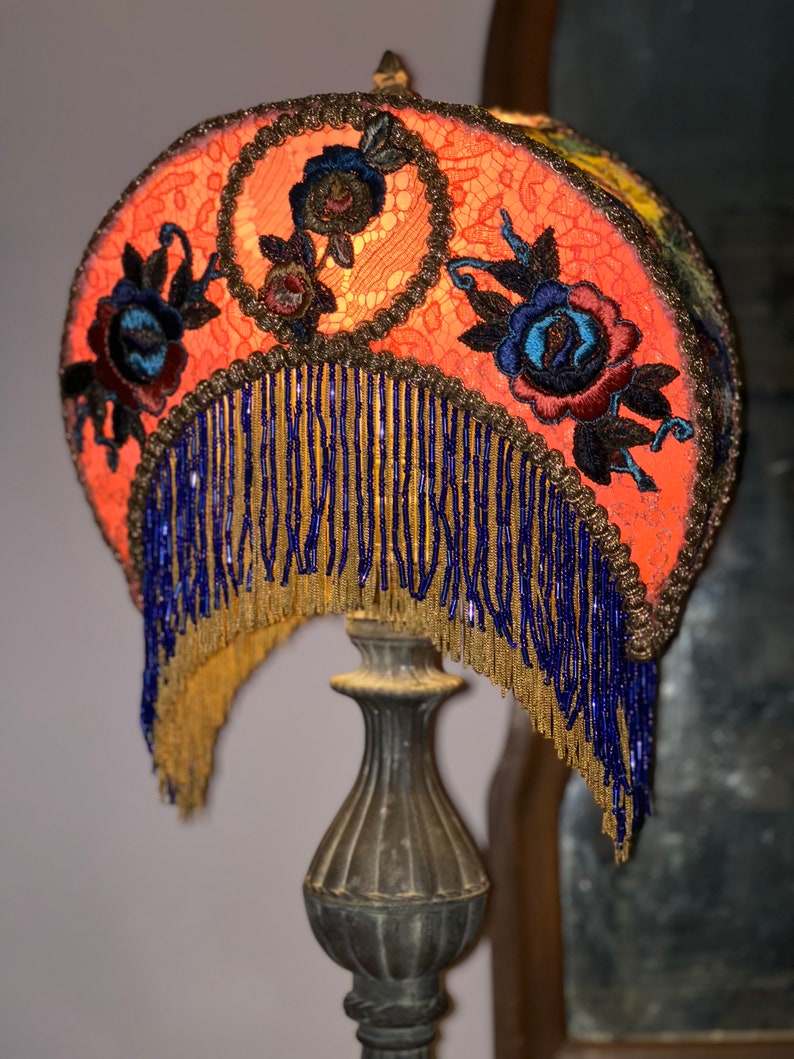 Handmade Crescent-shaped Lampshade Blue, Yellow, and Coral Silk ...