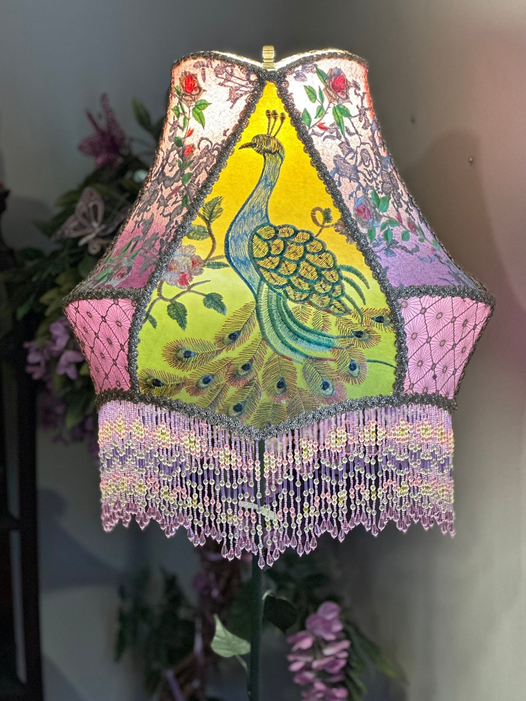 Handmade Victorian Beaded Lampshade: Silk, Peacock Design - Golden ...