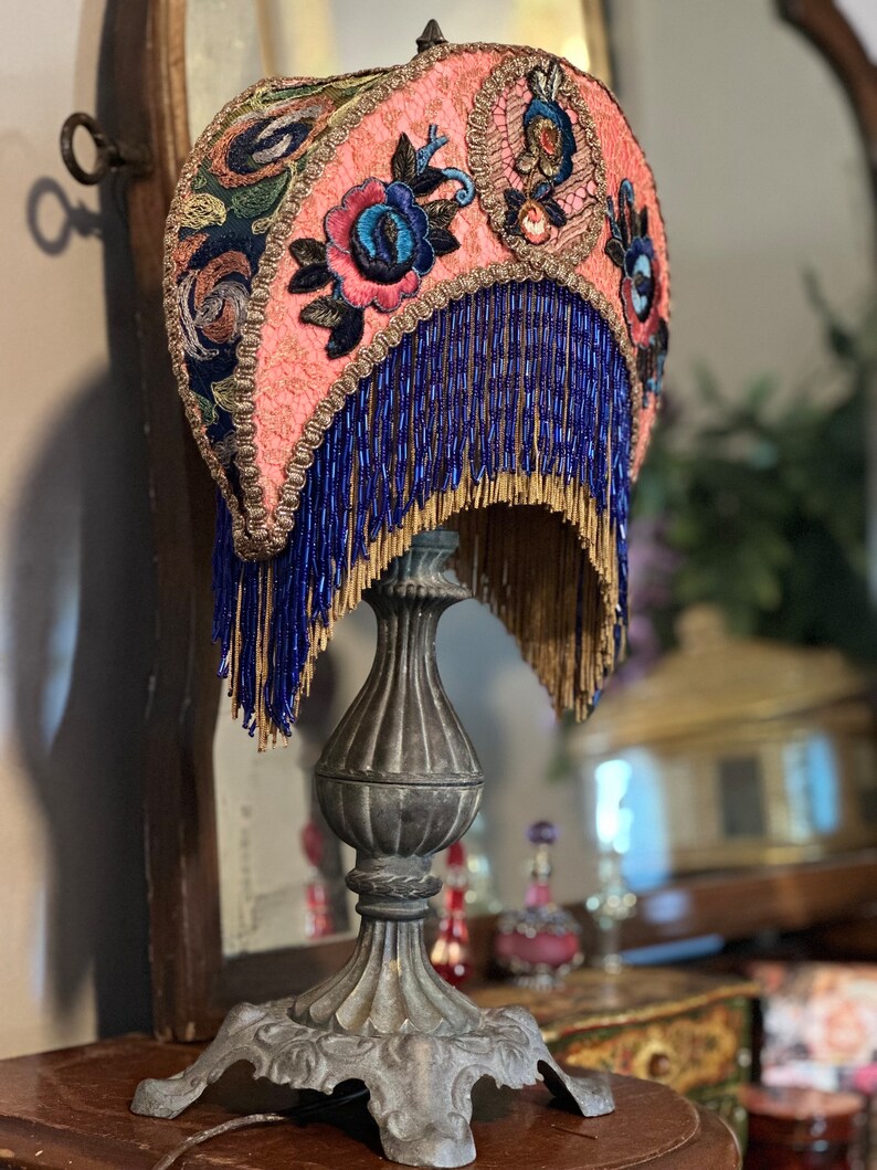 Handmade Crescent-shaped Lampshade Blue, Yellow, and Coral Silk ...