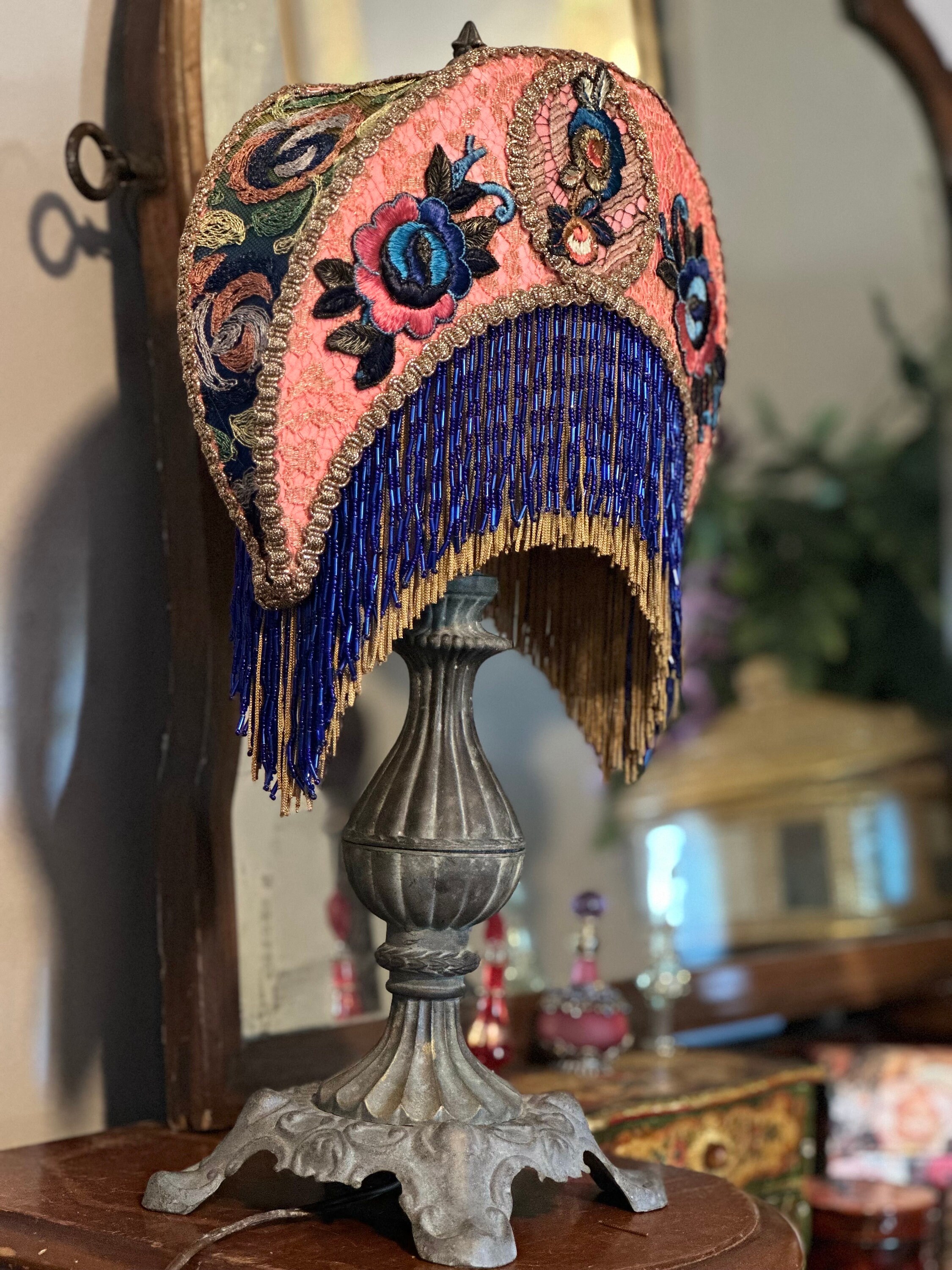 Handmade Crescent-shaped Lampshade Blue, Yellow, and Coral Silk ...