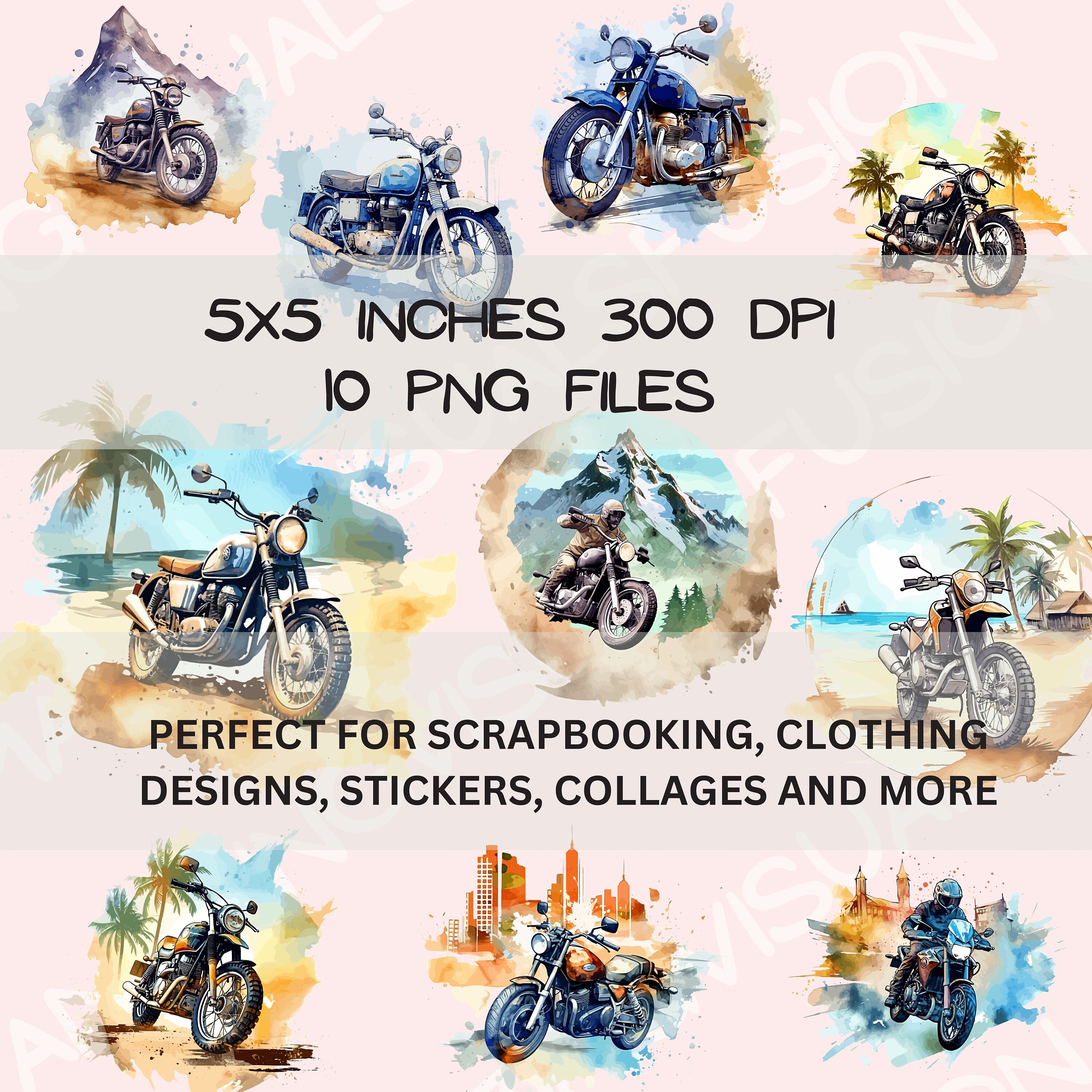 Watercolor Motorcycles Clip Art, Digital Paper Art 10 High Quality PNG ...