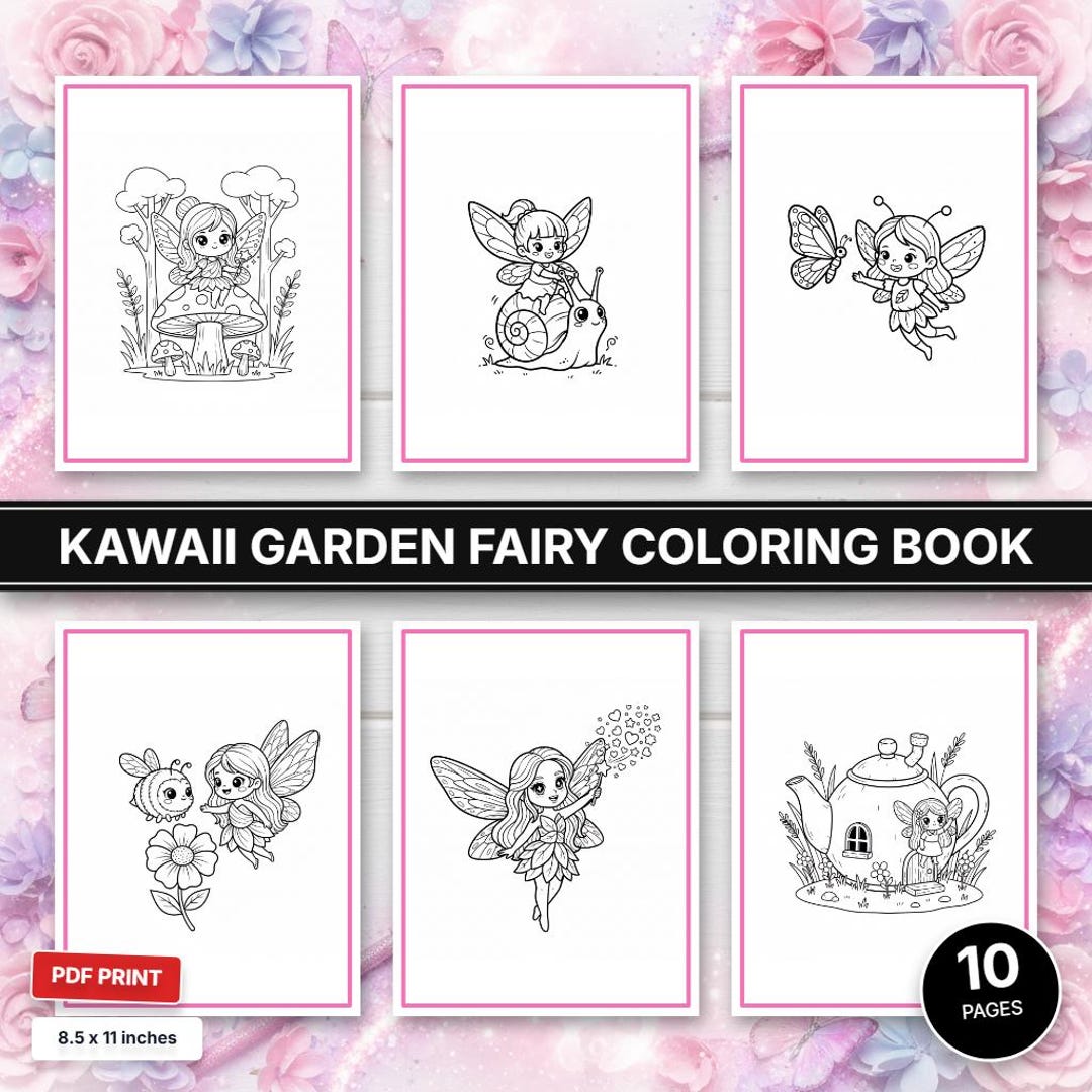 10 Garden Fairy Coloring Pages PDF, Mushroom Girl Activity Book, Floral ...