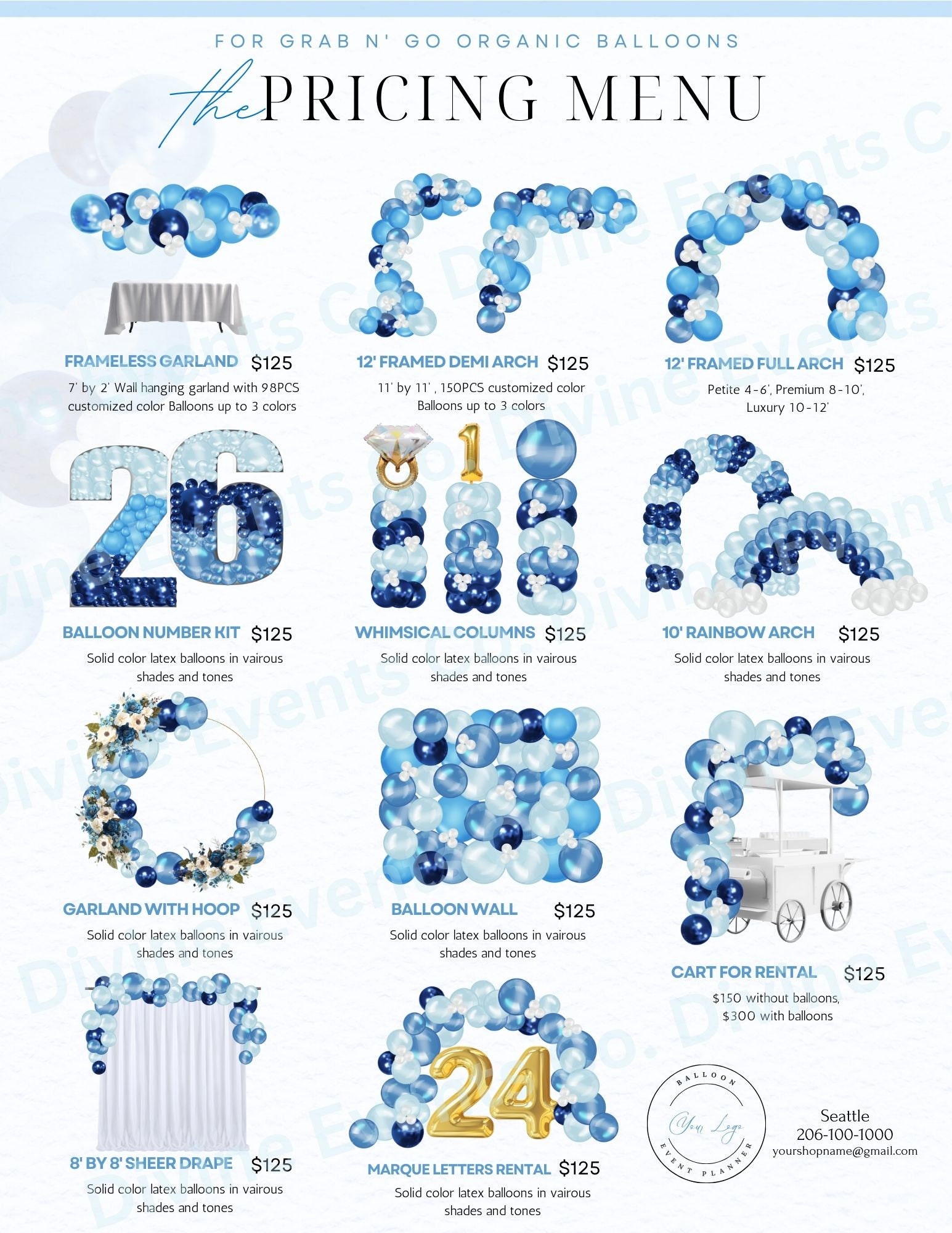 BLUE & WHITE BALLOON Menu Template - Balloon Art, Balloon Mockup, Event ...