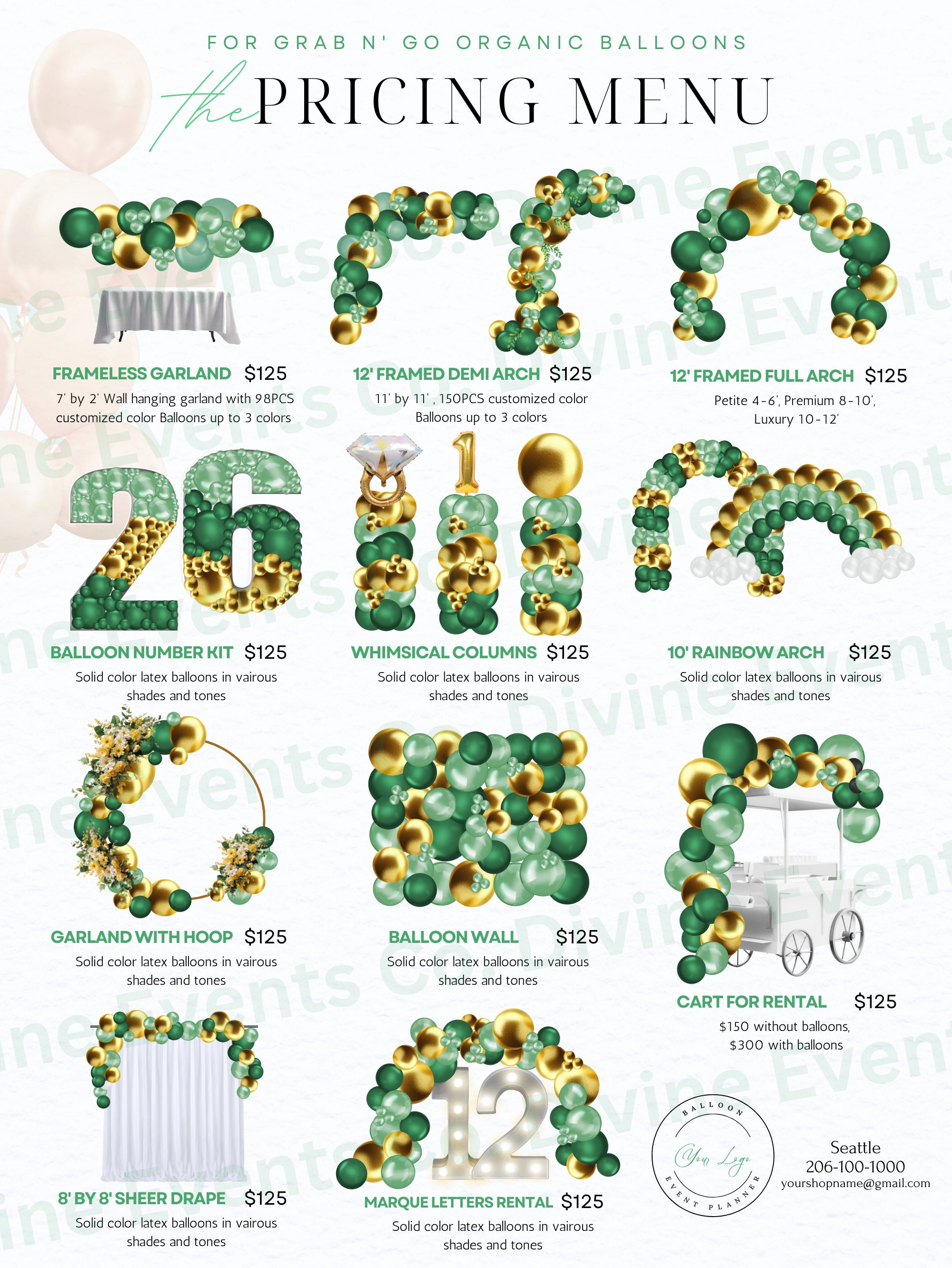 GREEN & GOLD BALLOON Pricing Menu Template - Balloon Menu Pricing ...