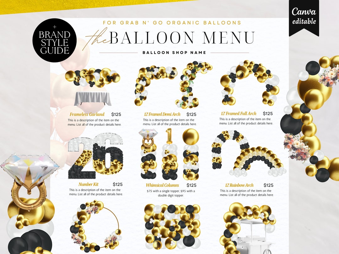 GOLD & BLACK BALLOON Pricing Menu Template - Balloon Menu Pricing ...