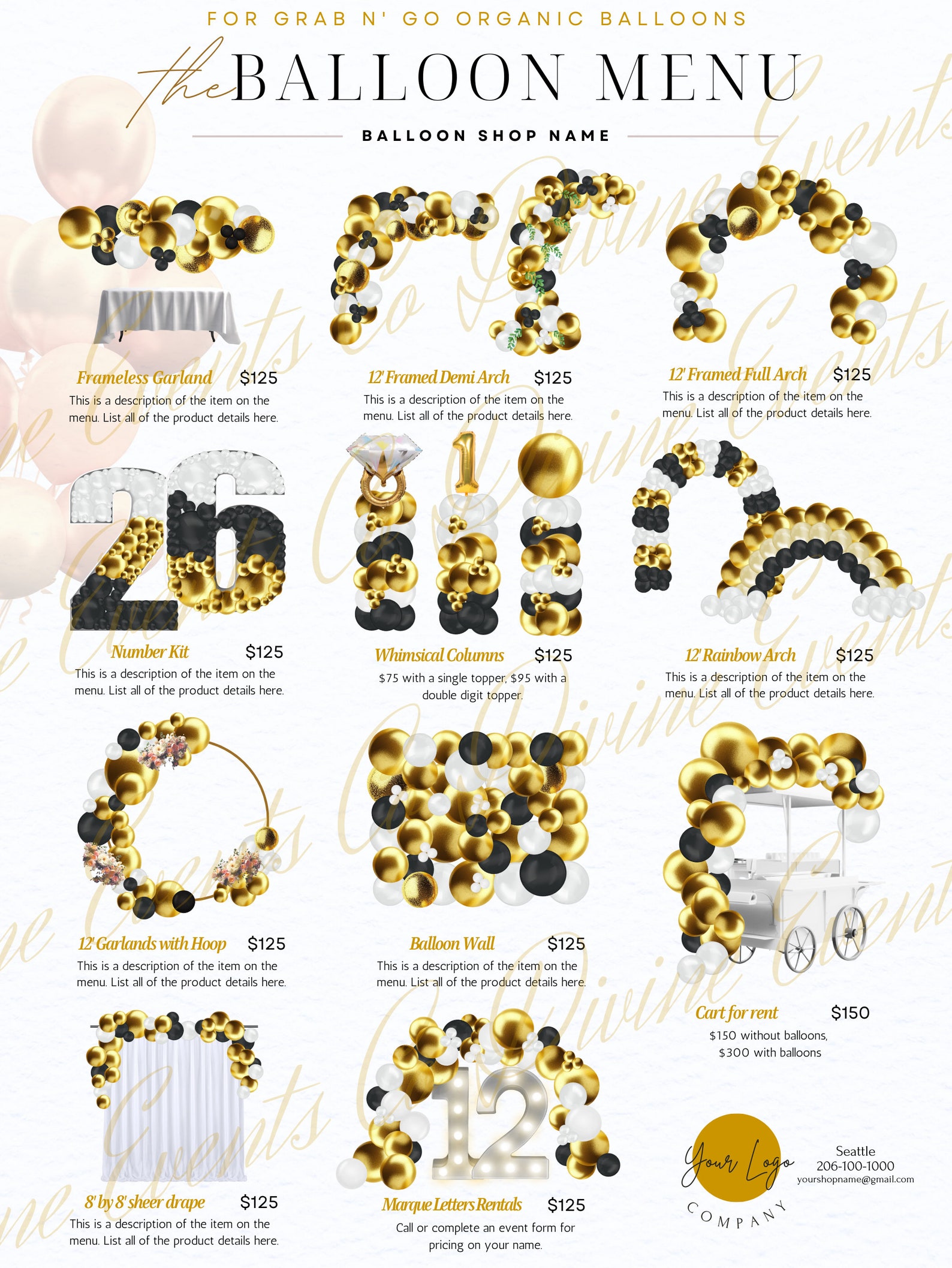 GOLD & BLACK BALLOON Pricing Menu Template - Balloon Menu Pricing ...