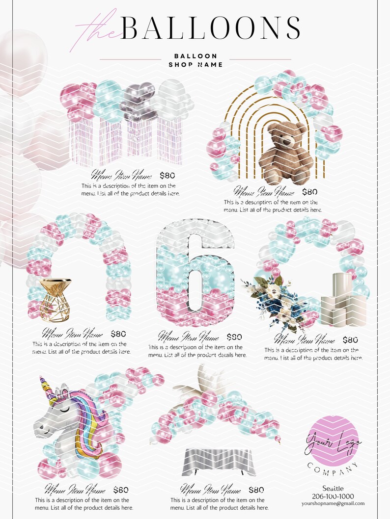 PINK & BLUE BALLOON Menu Template - Balloon Art, Balloon Mockup, Event ...