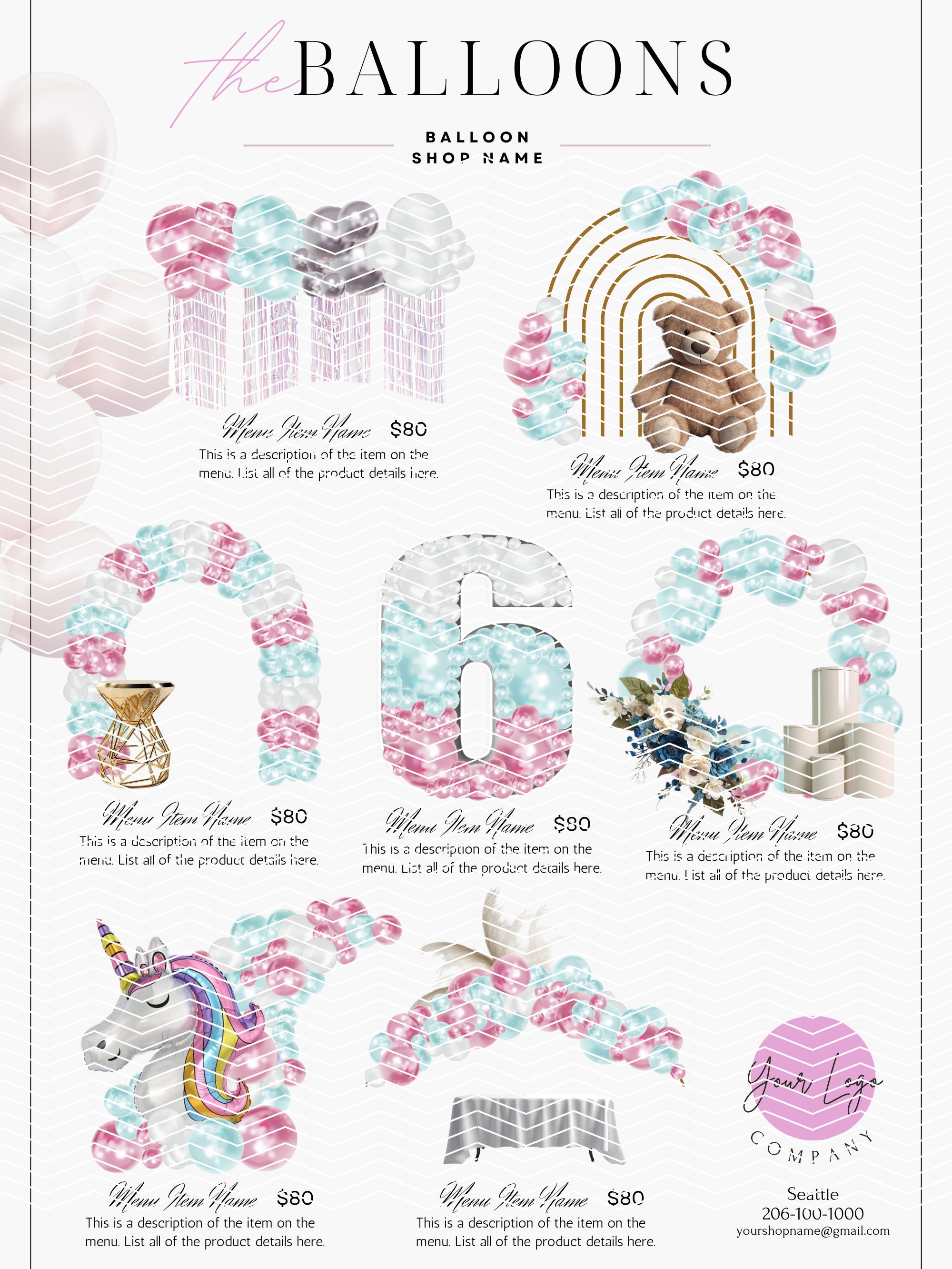 PINK & BLUE BALLOON Menu Template - Balloon Art, Balloon Mockup, Event ...