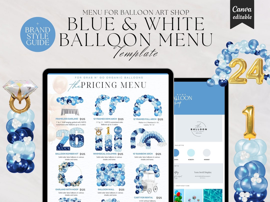 BLUE & WHITE BALLOON Menu Template - Balloon Art, Balloon Mockup, Event ...