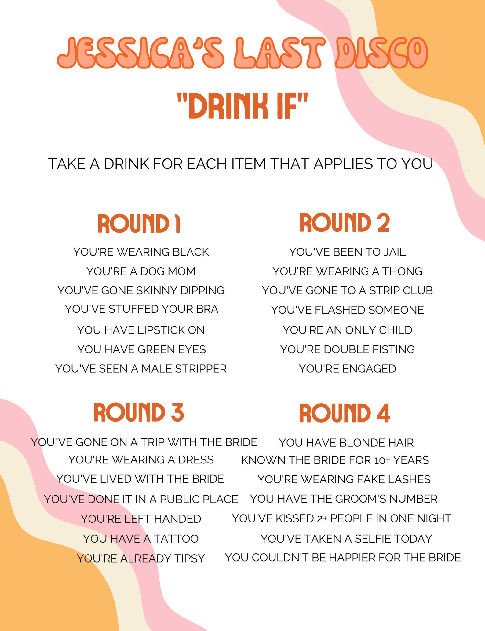 Editable Last Disco Drink If Bachelorette Party Games Themed ...