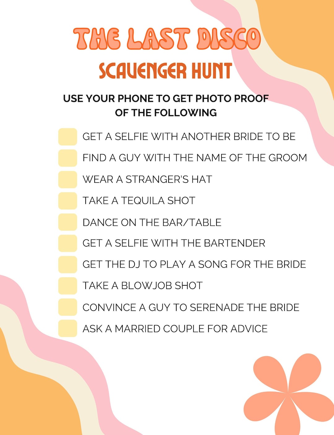 Editable Last Disco Scavenger Hunt Bachelorette Party Games Themed ...