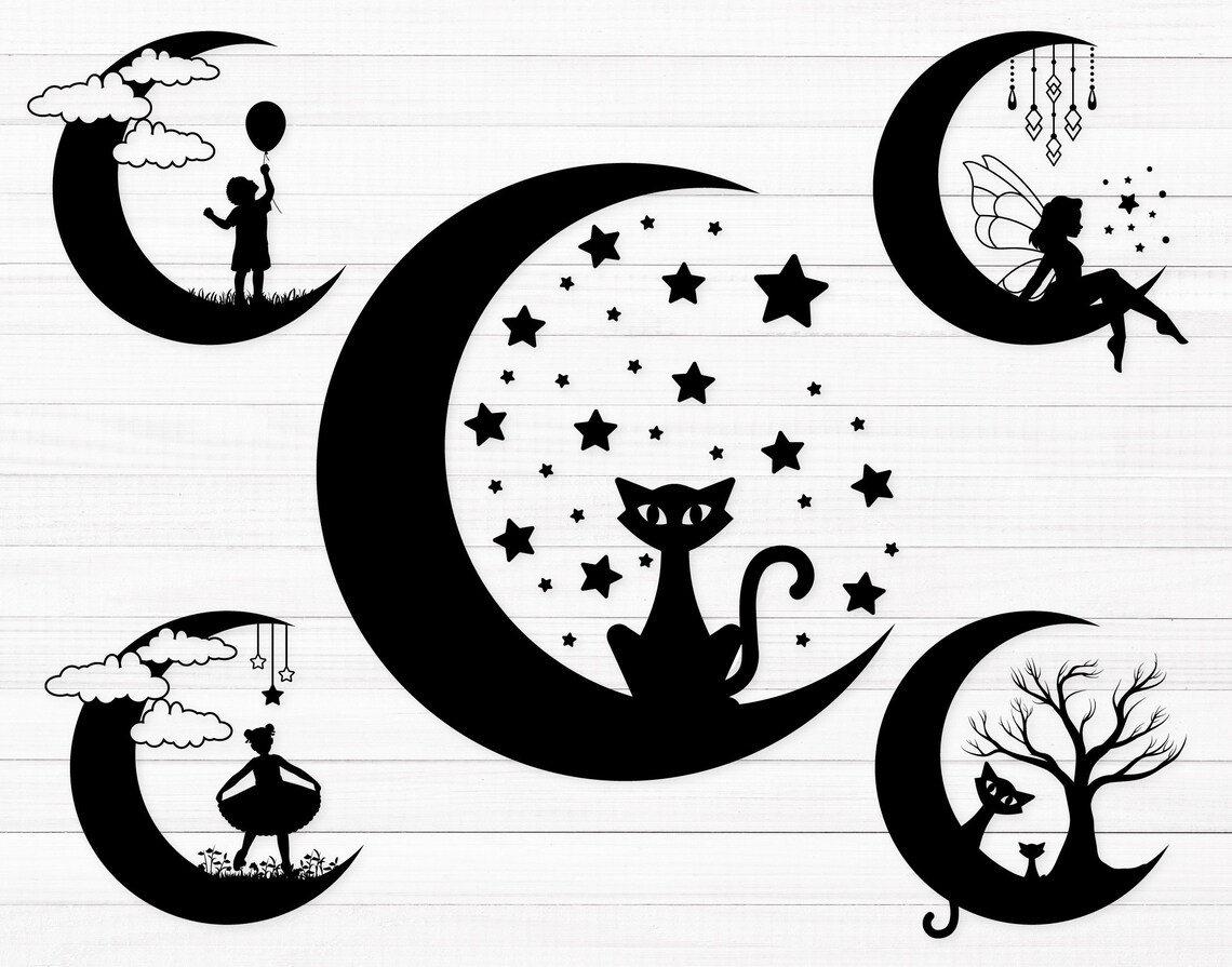 Moon Svg Bundle Cat and Moon Svg, Moon Clipart, Fairy Butterfly Svg ...