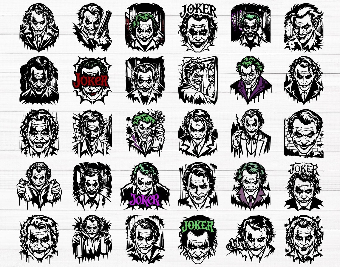 Joker SVG Bundle, 30 Evil Clown PNG, Villain Vector Graphics, Instant ...