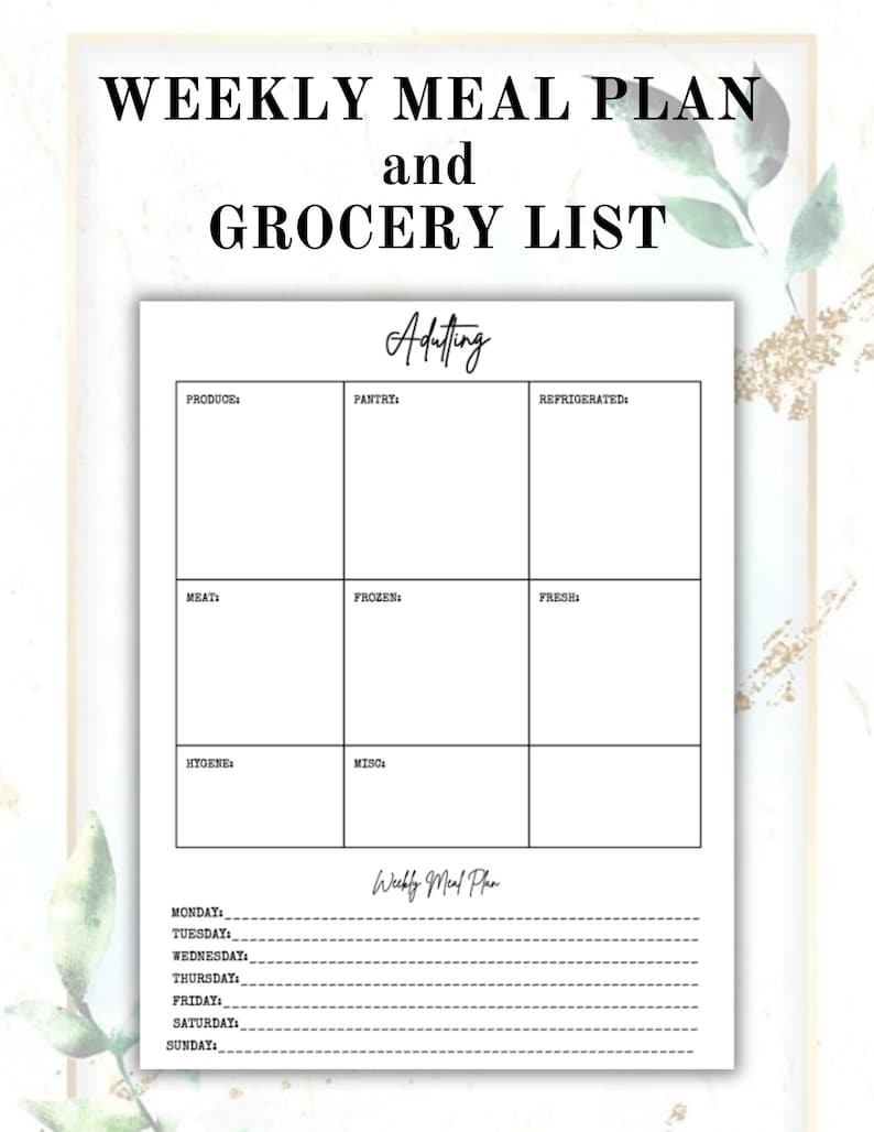Weekly Grocery List and Meal Plan - Etsy