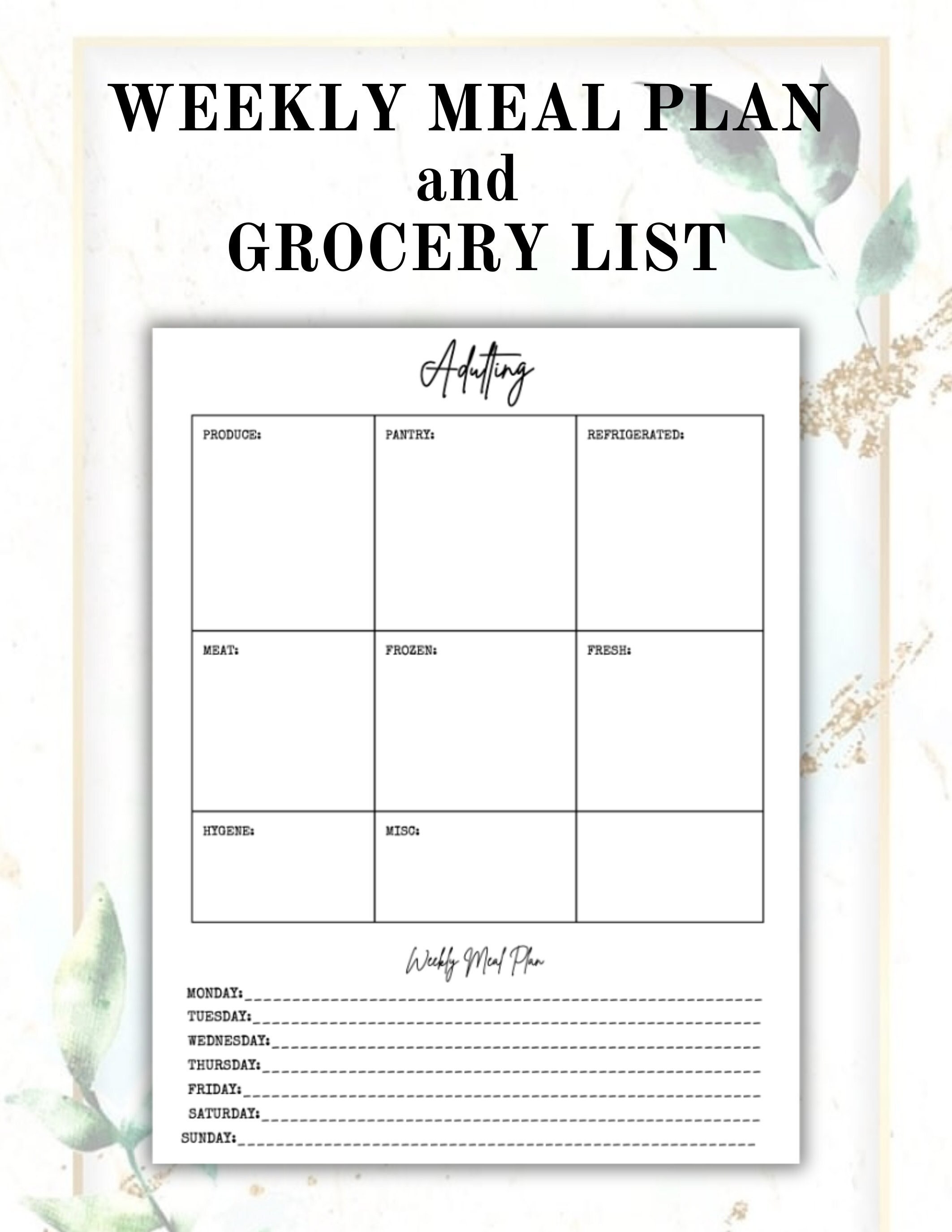 Weekly Grocery List and Meal Plan - Etsy
