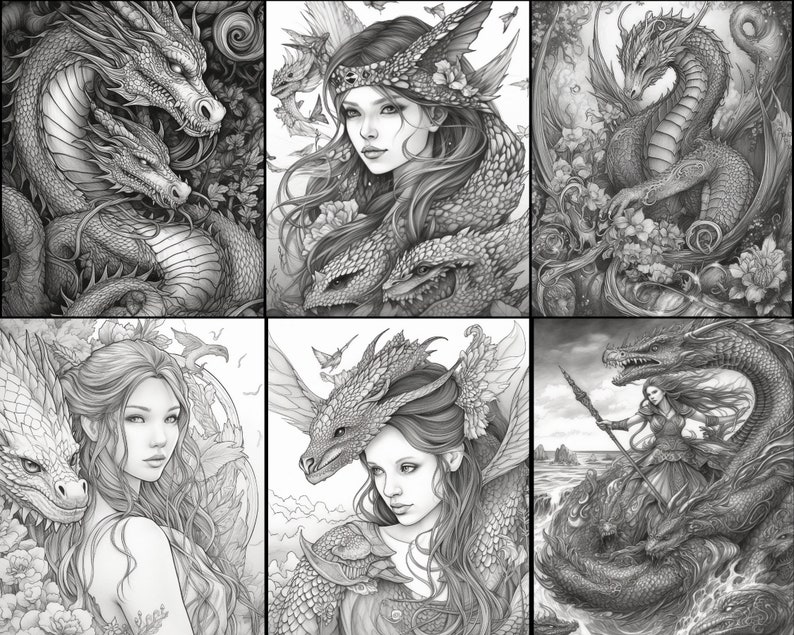 200 Fairies & Dragons Adult Coloring Pages , Mythical Fantasy Art ...