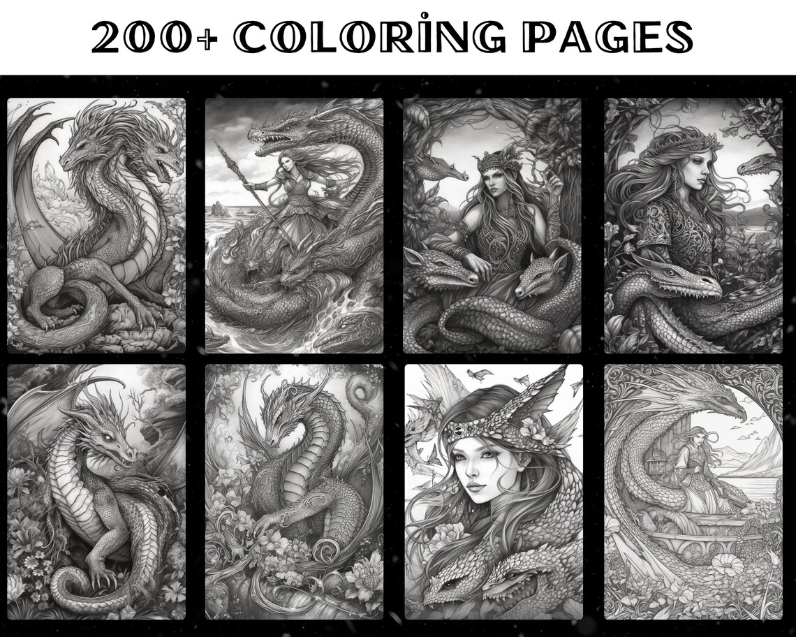 200 Fairies & Dragons Adult Coloring Pages , Mythical Fantasy Art ...