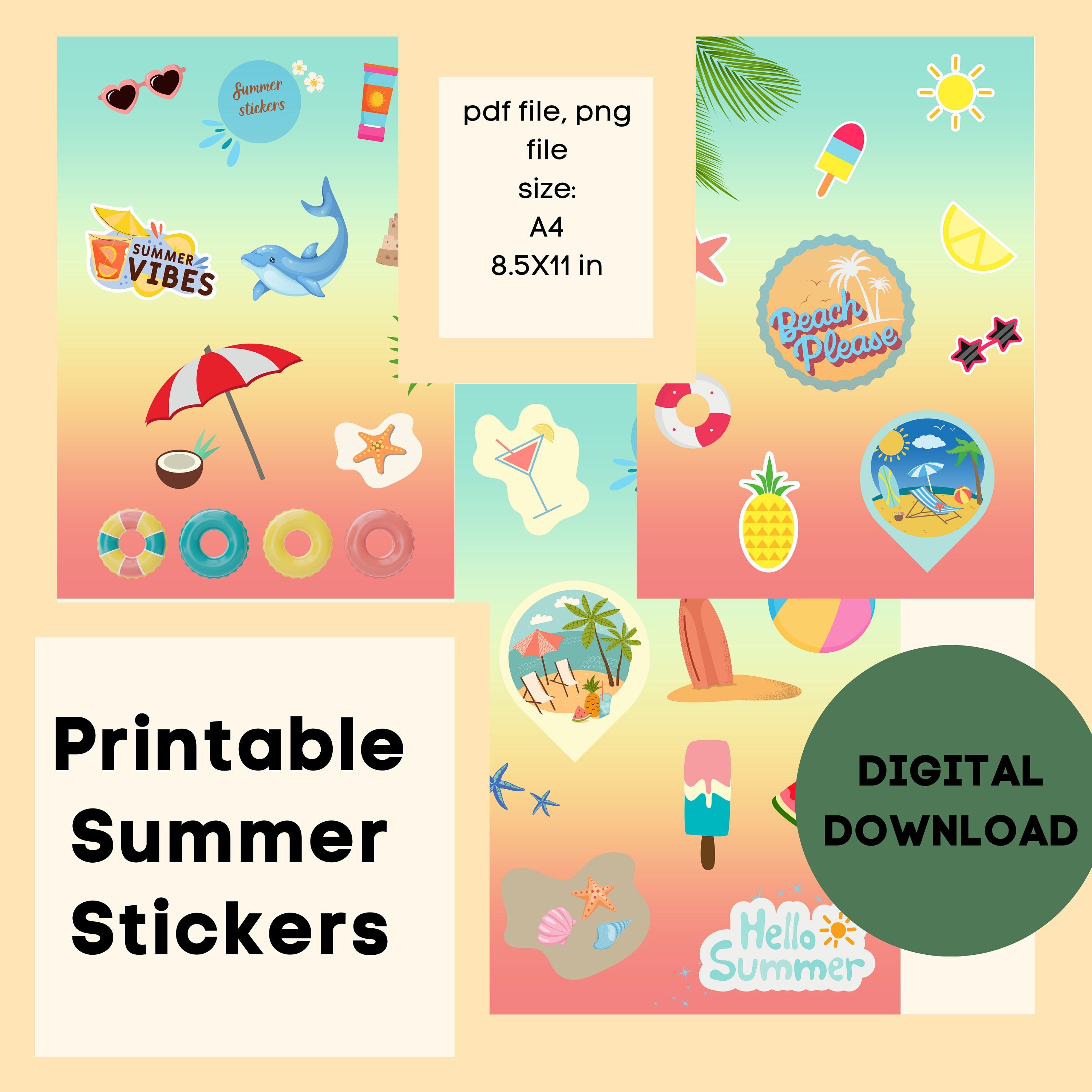 Summer Stickers, Seasonal Printable Stickers, Printable Summer Stickers ...