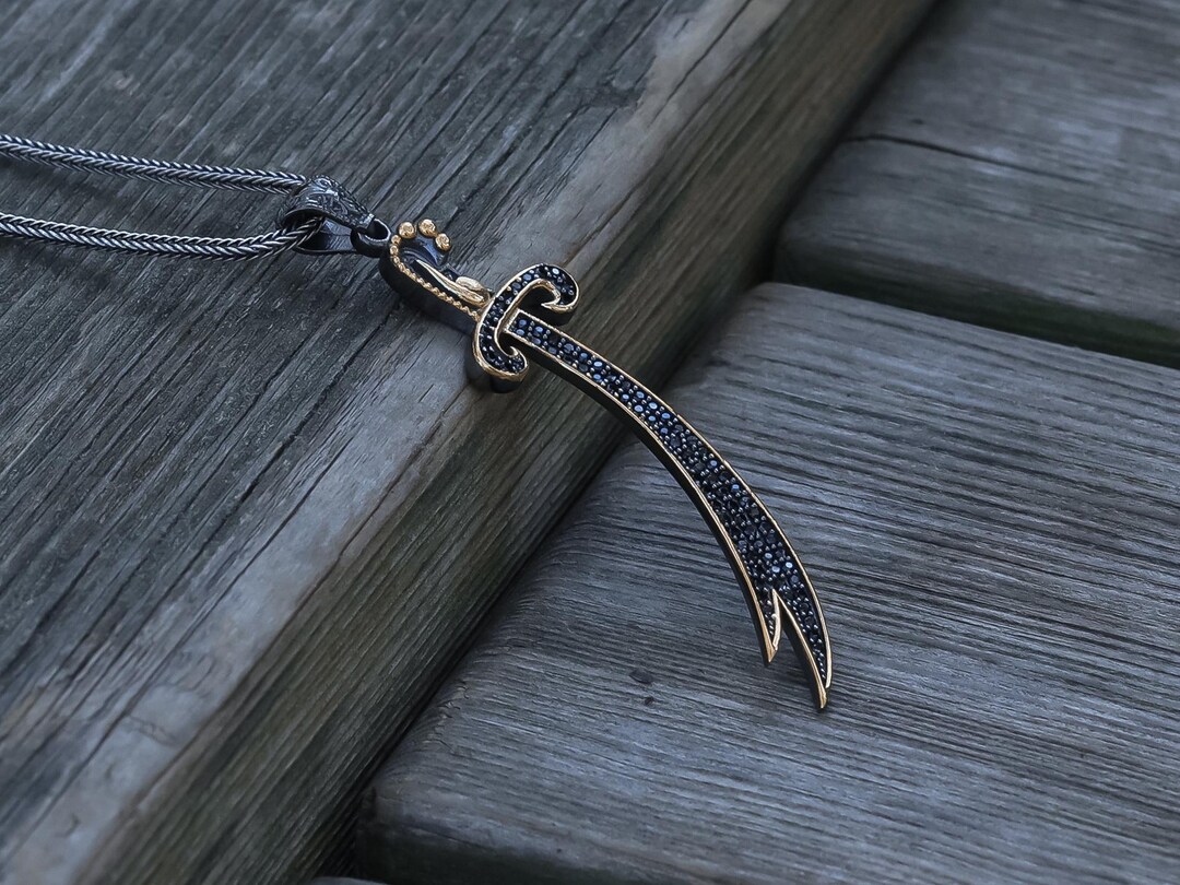 Silver Zulfiqar Sword Necklace, Black Zircon Stone Detailed Sword ...