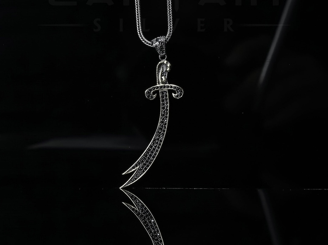 Silver Zulfiqar Sword Necklace, Black Zircon Stone Detailed Pendant ...