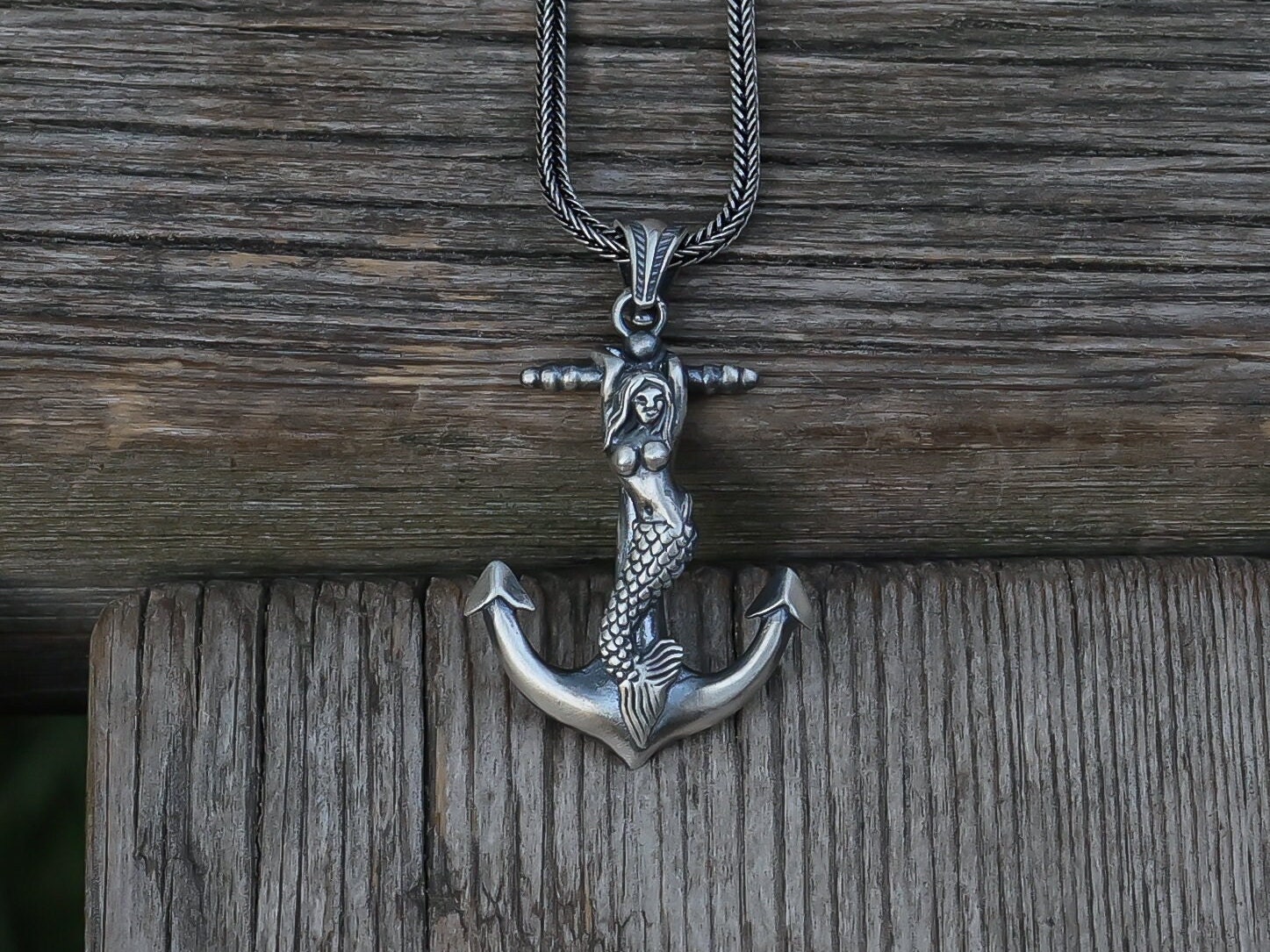 Silver Anchor and Mermaid Pendant, Nautical Anchor Necklace, Maritime ...