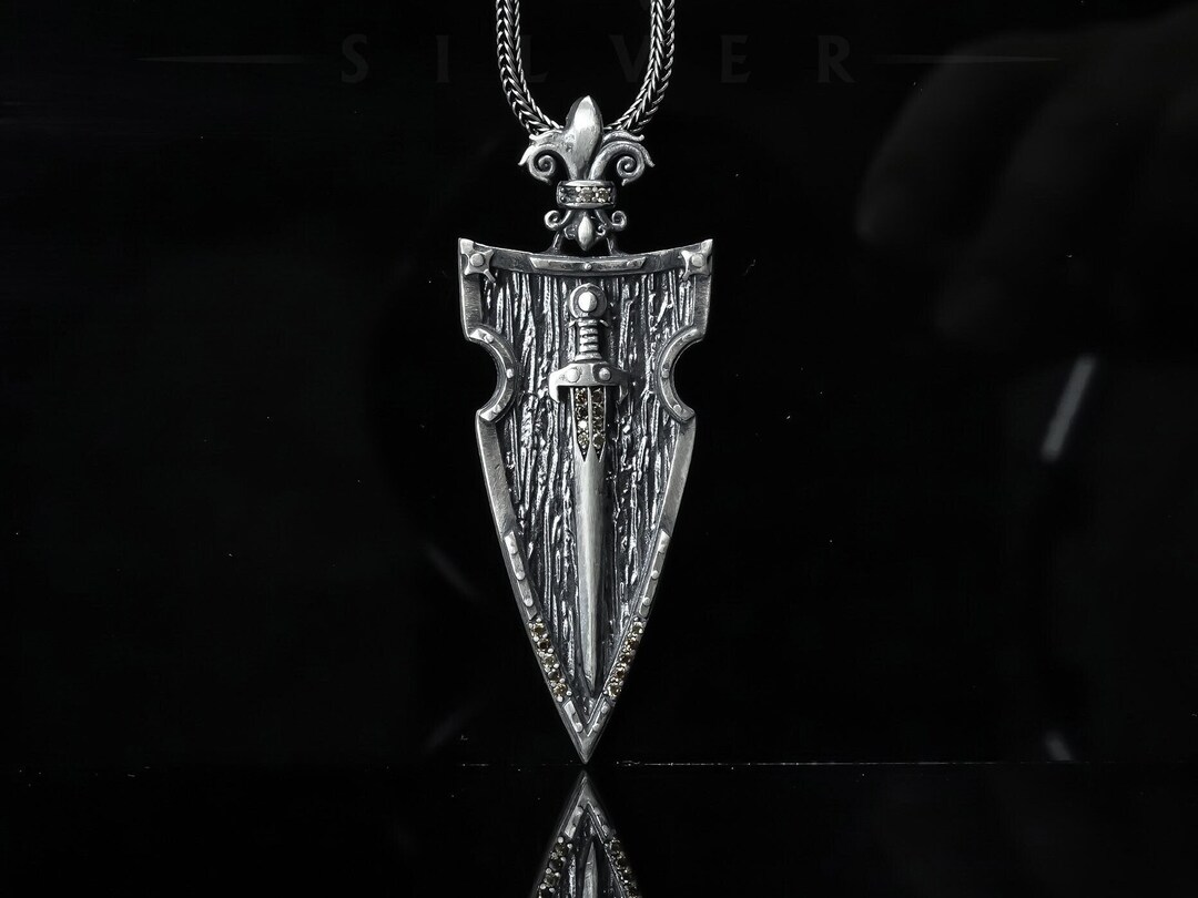 Sword and Shield Silver Pendant, 925k Sterling Handmade Necklace ...