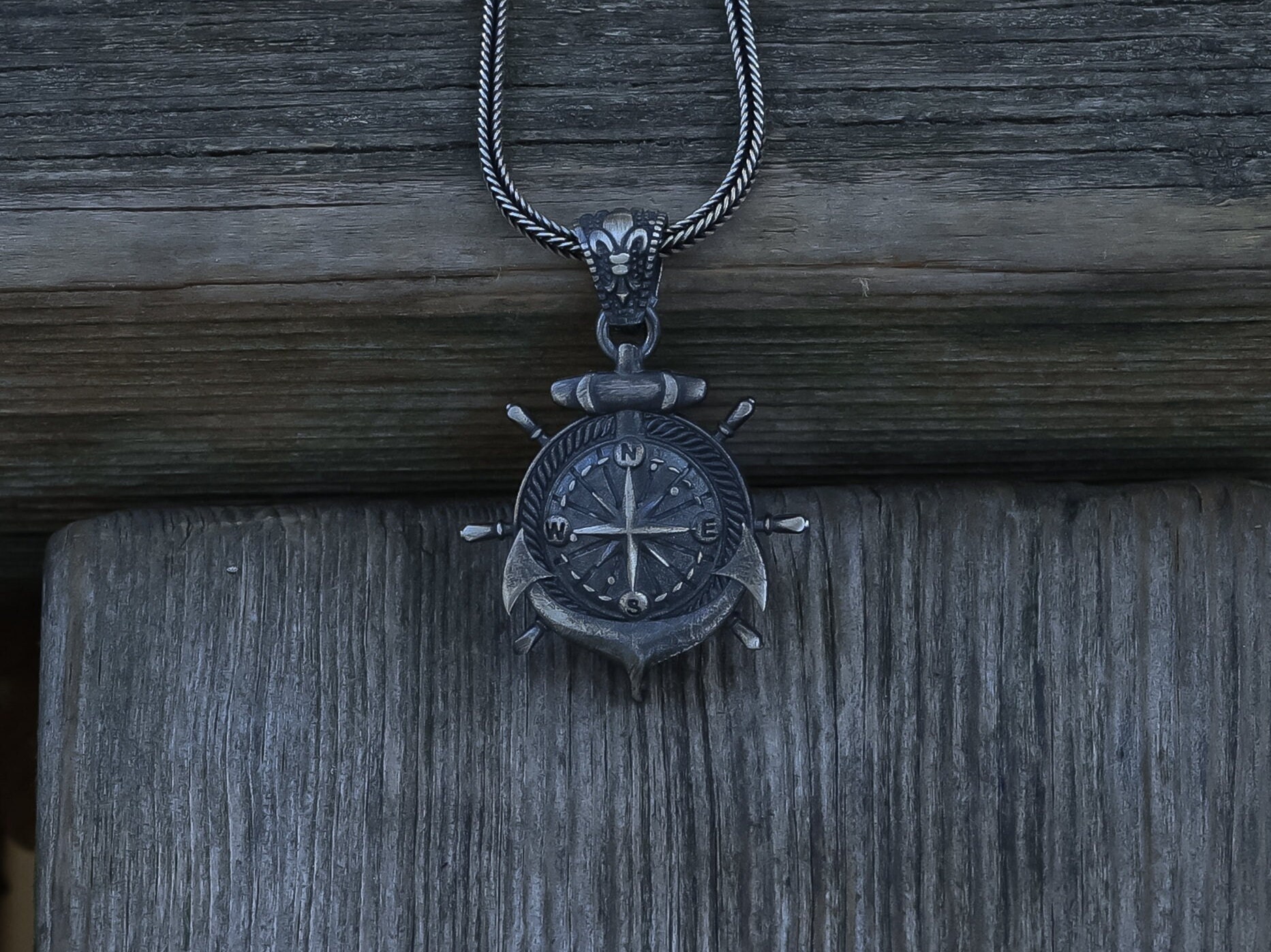 Silver Compass and Anchor Rudder Necklace, Maritime Jewelry, Adventurer ...