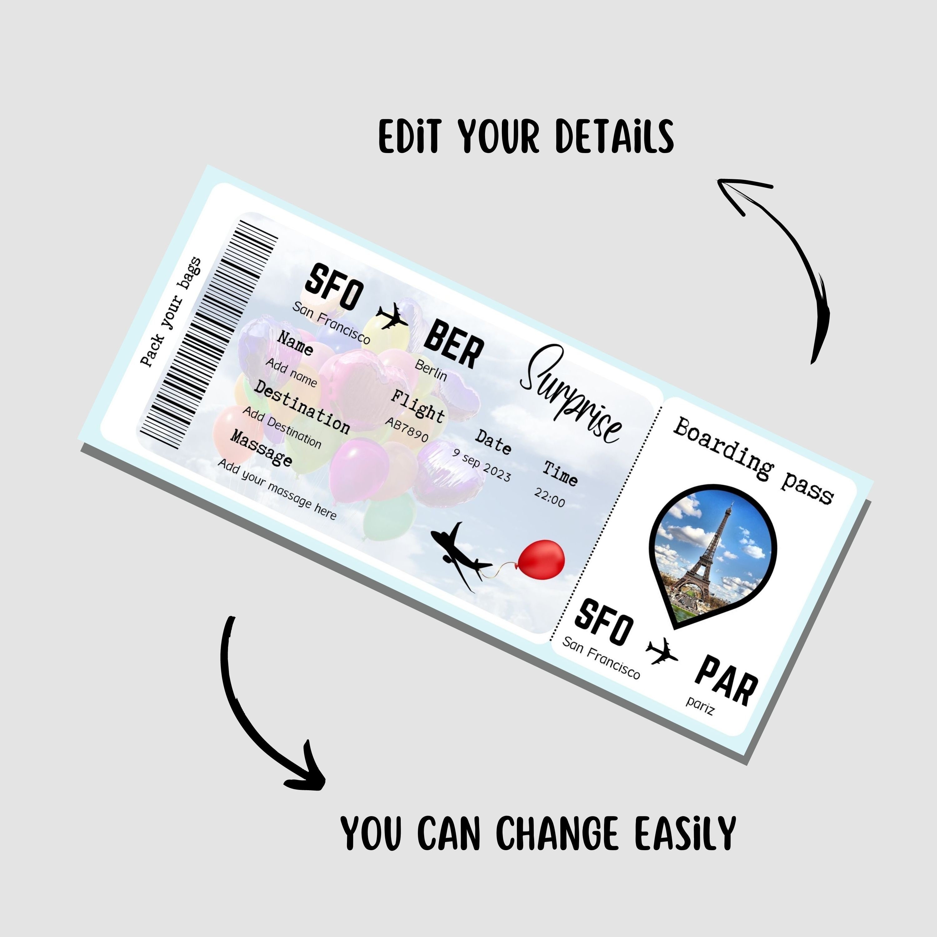 EDITABLE Boarding Pass Ticket, Surprise Vacation , Birthday Airplane ...