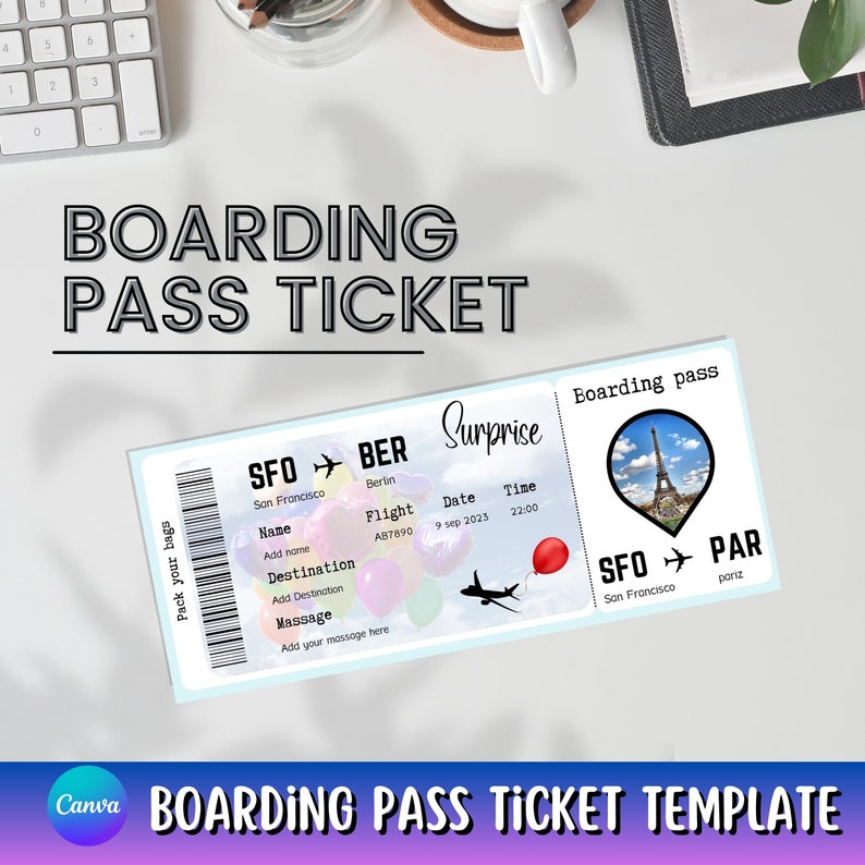EDITABLE Boarding Pass Ticket, Surprise Vacation , Birthday Airplane ...